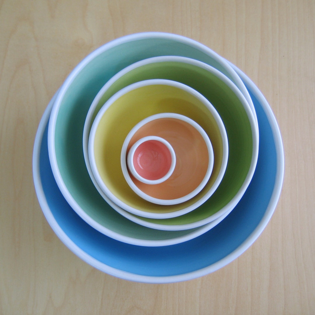 Large Rainbow Nesting Bowls, Ceramic Pottery Stoneware Serving Set ...