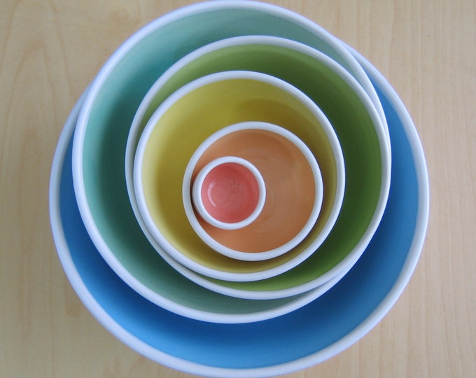 Large Rainbow Nesting Bowls, Ceramic Pottery Stoneware Serving Set ...