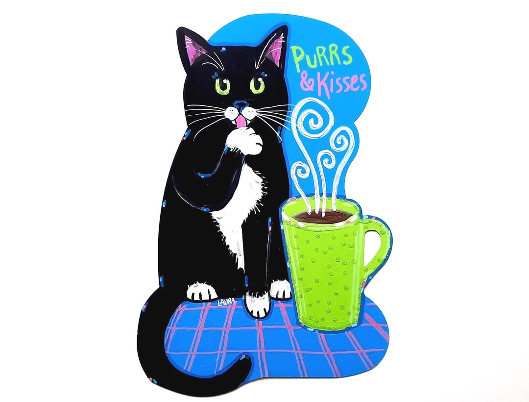 Hand Painted Tuxedo Cat Coffee Art: Whimsical Kitchen Decor - Etsy