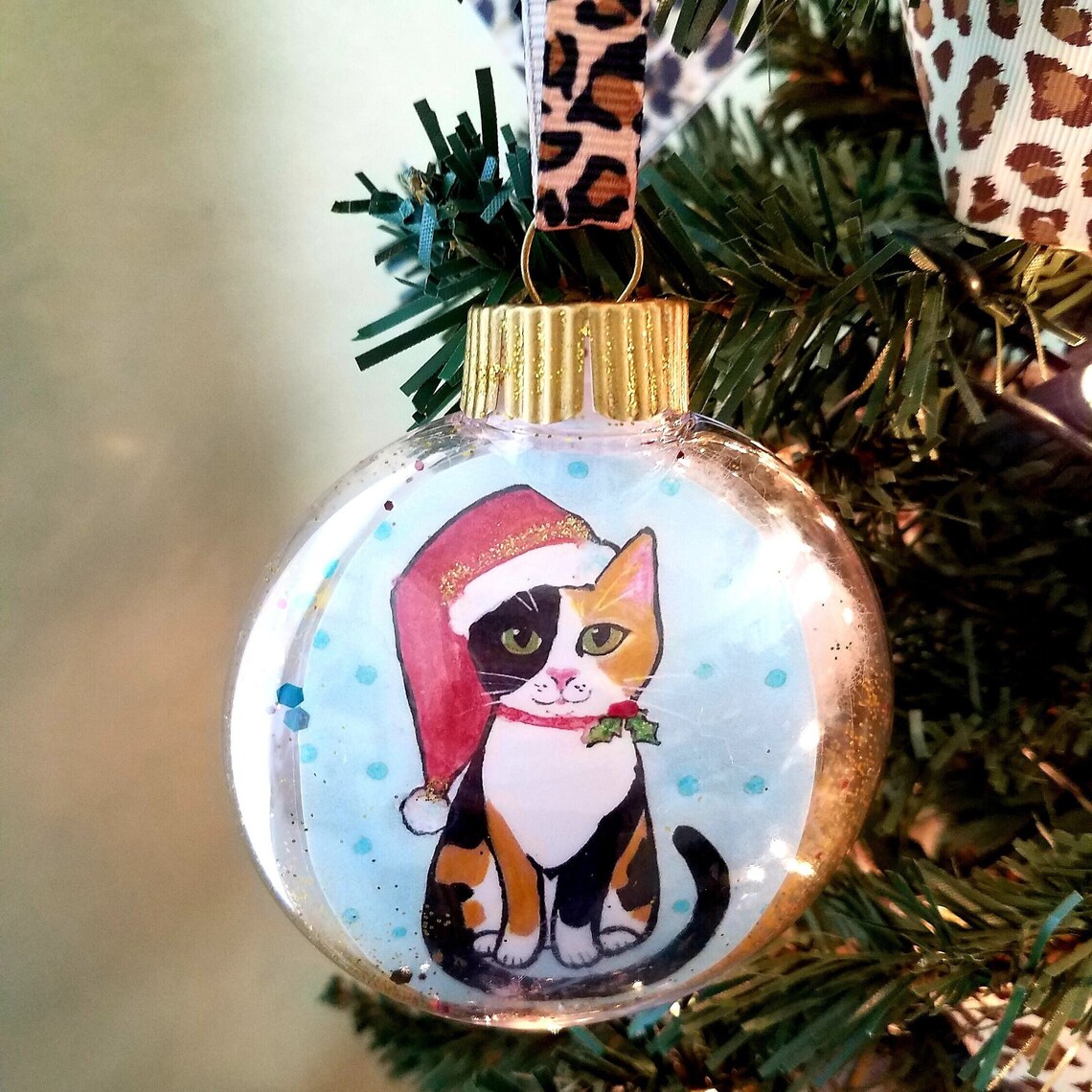 Calico Cat Ornament With a Santa Hat Cat Christmas Ornament - Etsy
