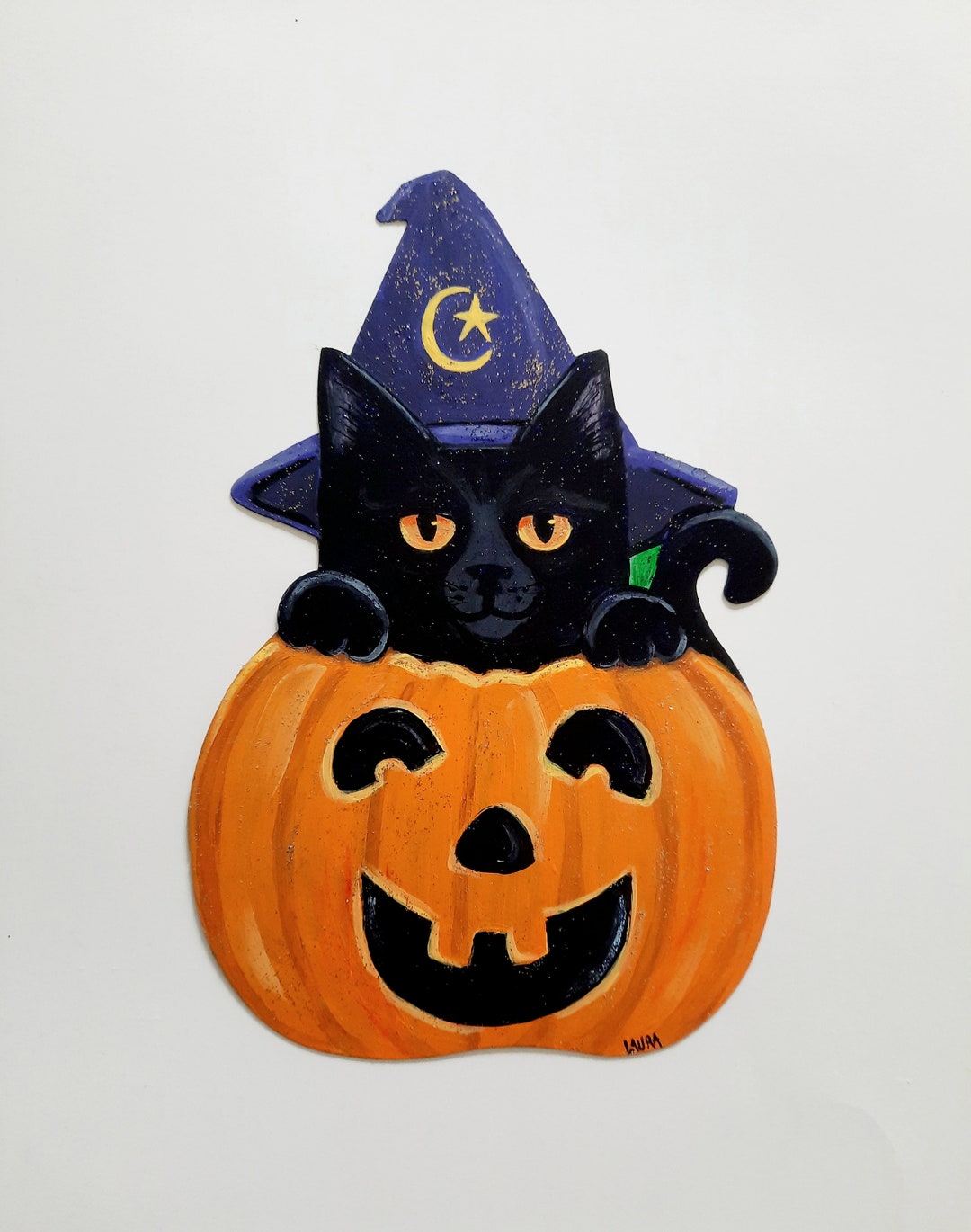 Black Cat Witch, Cat Halloween Wall Art, Hand Painted Cat Art, Jack O ...
