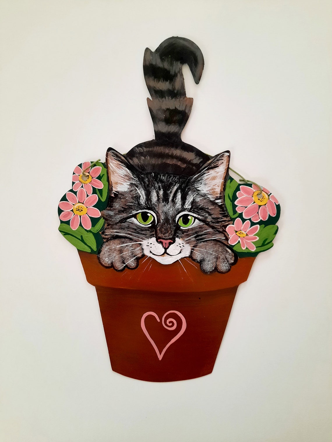Cat Wall Art Flower Pot Cats Hand Painted Cat Art Cat Lover - Etsy