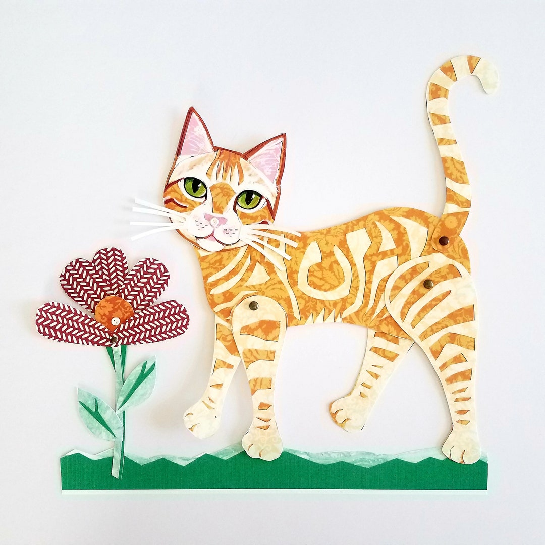 Orange Tabby Cat Printable, Articulated Paper Doll and Flower, Instant ...