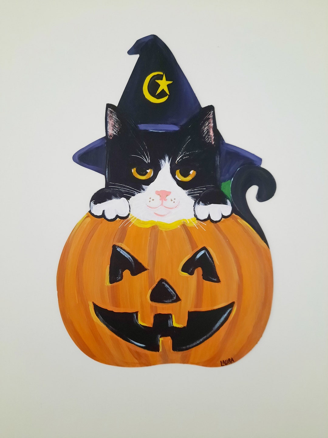 Cat Witch Halloween Wall Art, Hand Painted Cat Art, Tuxedo Cat Witch ...