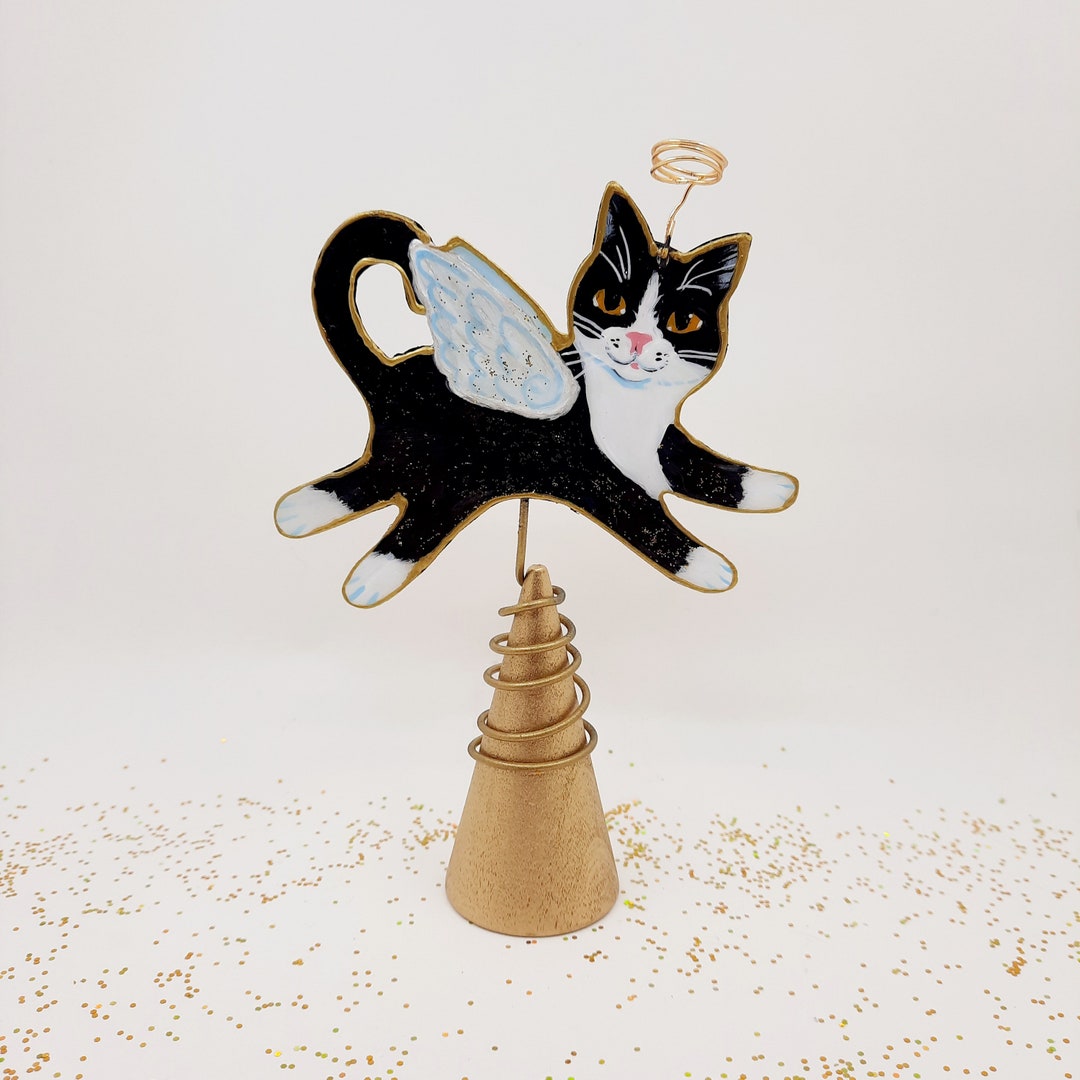 Tuxedo Cat Angel, Tree Topper, Cat Figurine, Cat Christmas Tree Topper ...