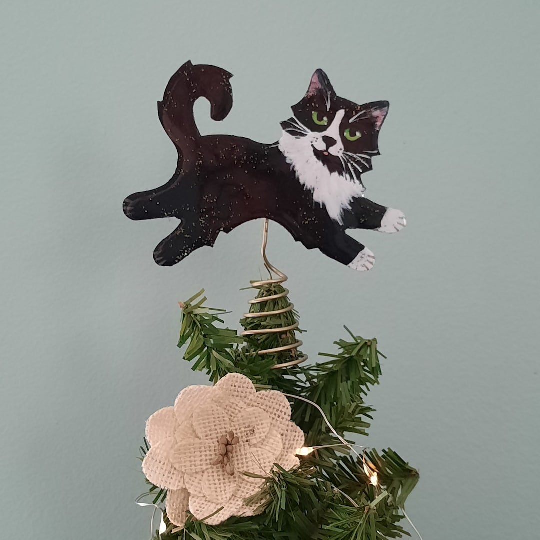 Tuxedo Cat Tree Topper, Long Haired Tuxedo Cat Figurine, Cat Christmas ...