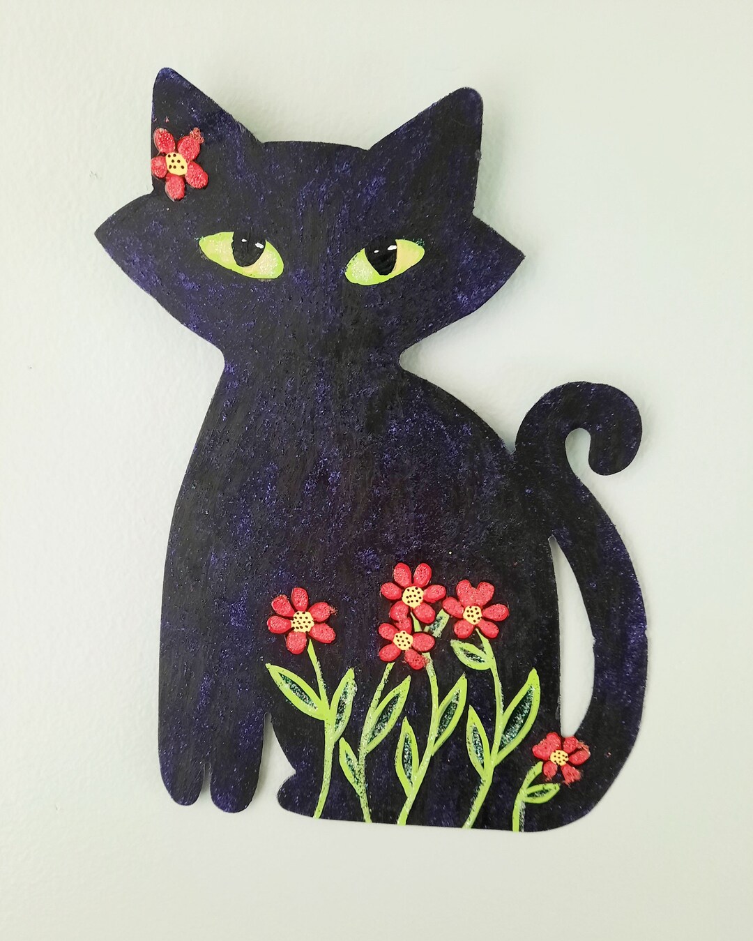 Black Cat With Flowers Wall Art, Hand Painted Cat Art, Gift for Cat ...