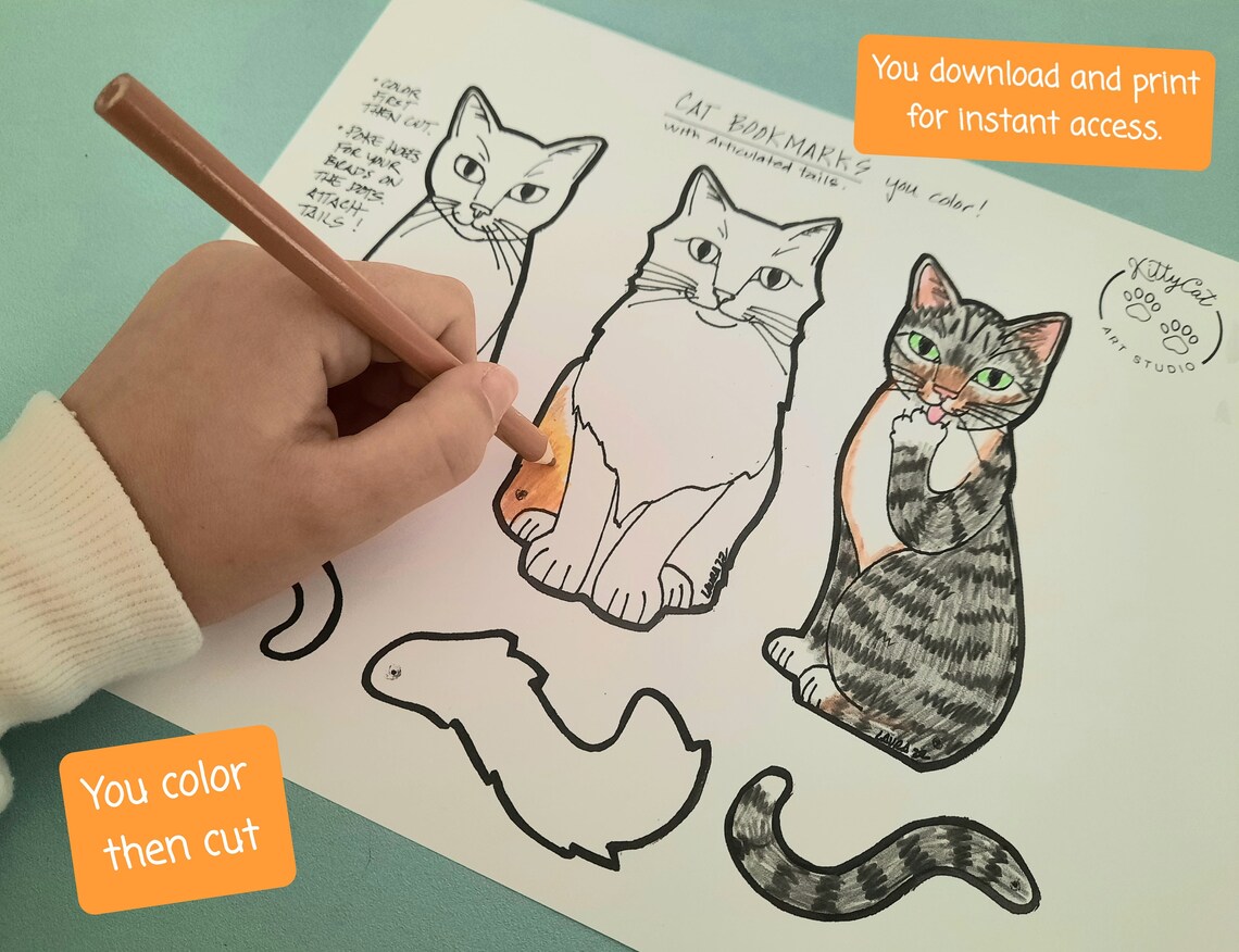 Cat Printable With Movable Tails Bookmarks or Any Art - Etsy