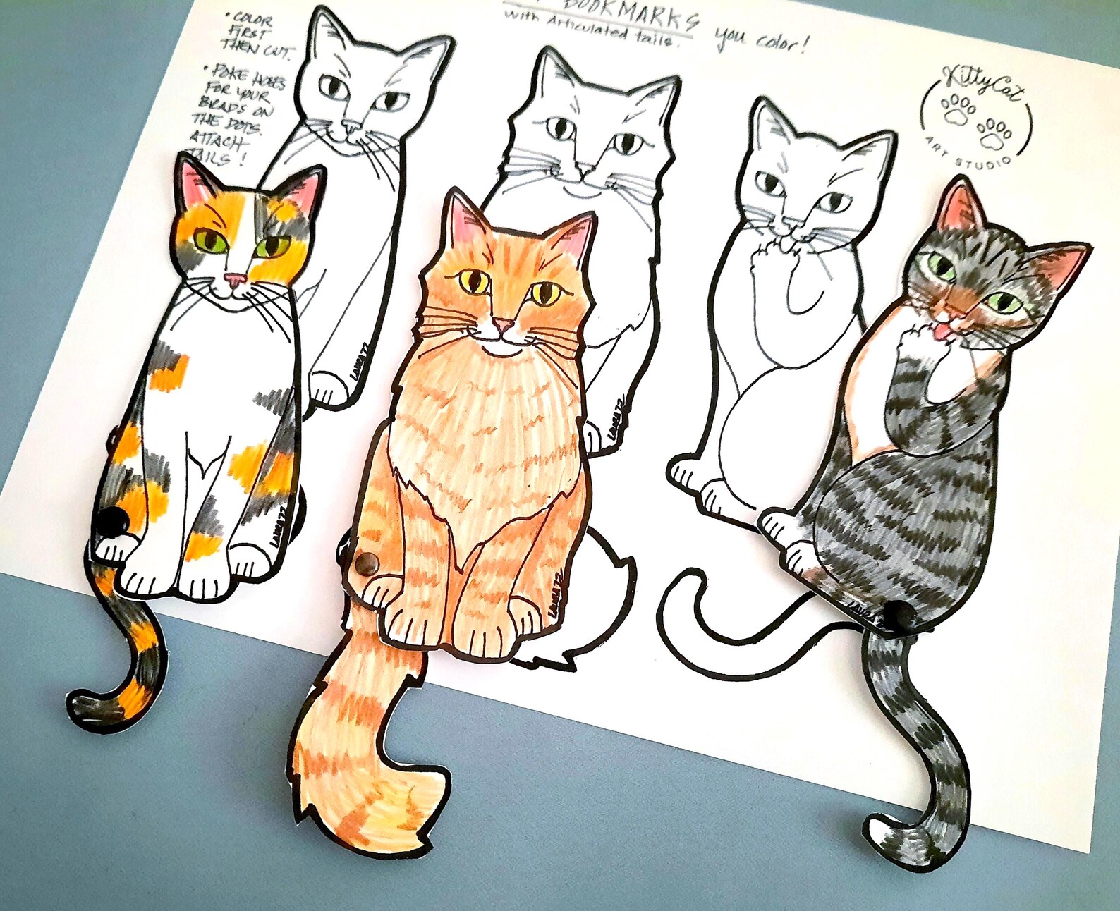Printable Cat Bookmarks, Moveable Tails, Articulated Cats, You Color ...