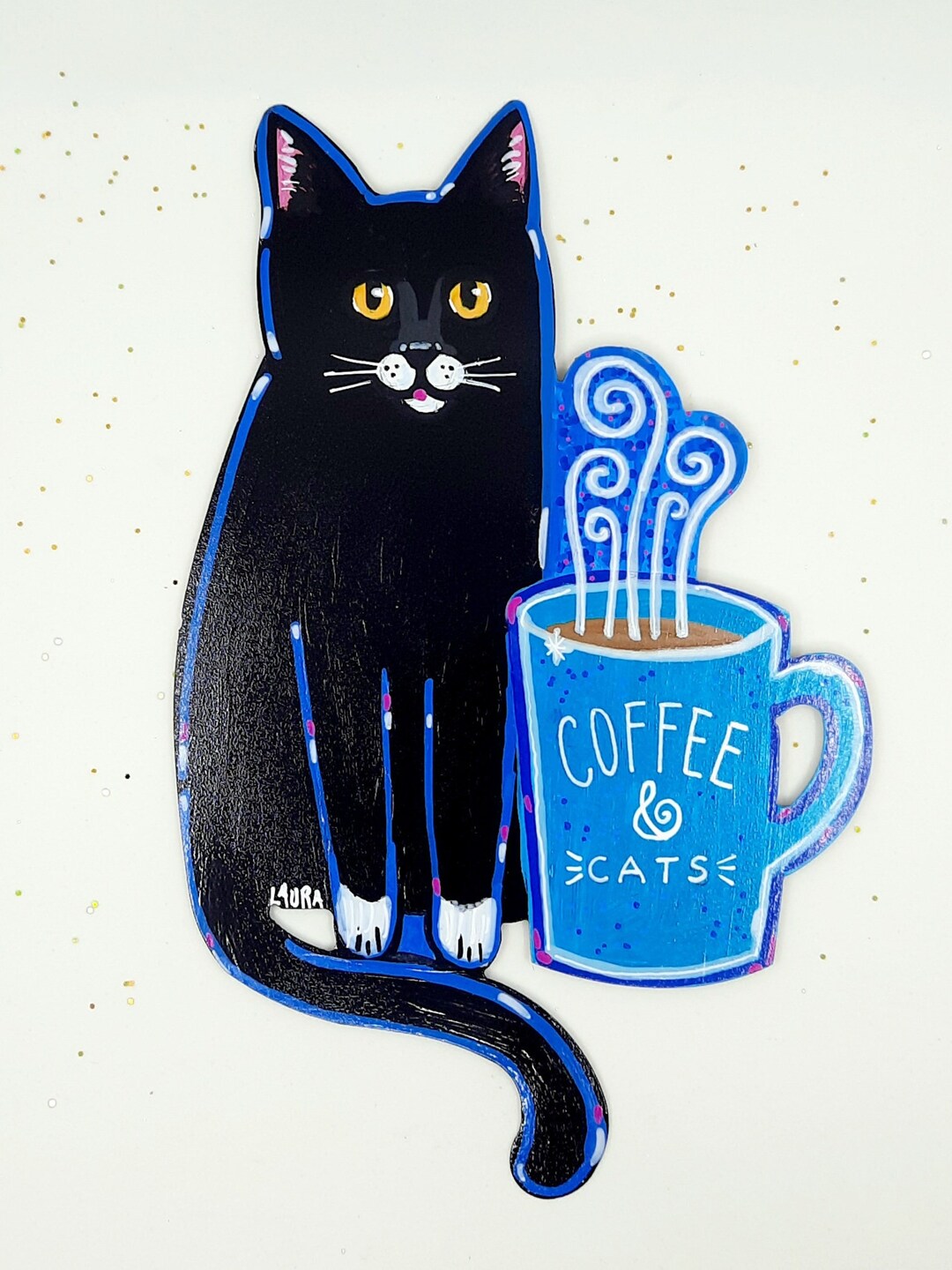 Coffee and Cats Wall Plaque, Hand Painted Cat Art, Wall Art, Tuxedo Cat ...