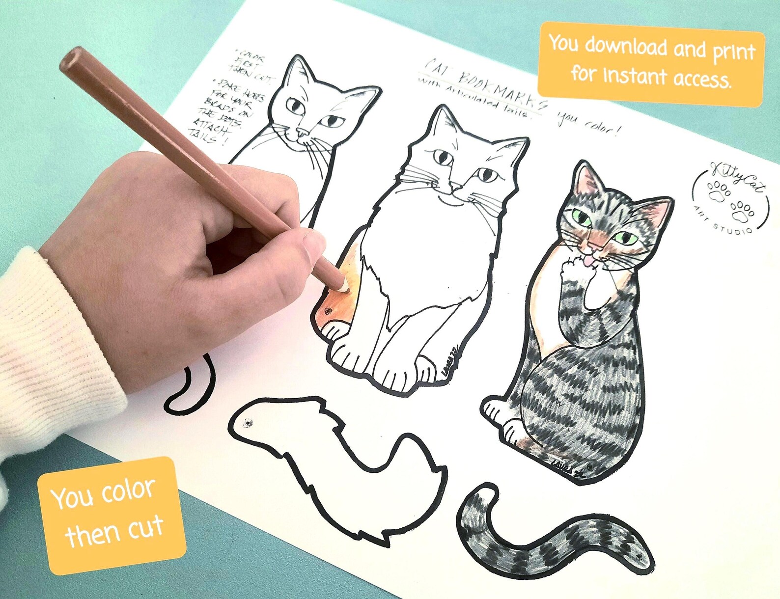Printable Cat Bookmarks, Moveable Tails, Articulated Cats, You Color ...