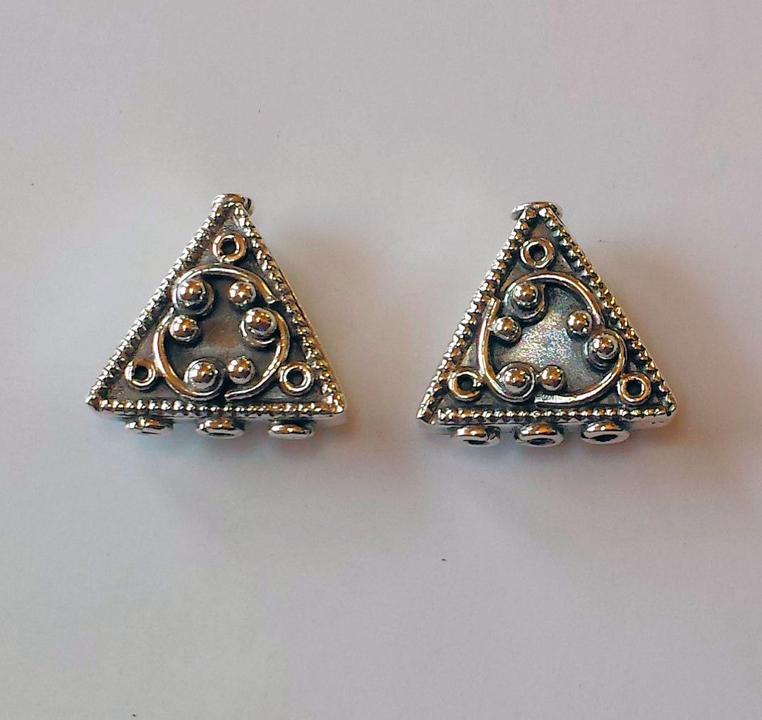 Pair of Finely Handmade Large Triangular 3 Hole Sterling Silver Beads ...
