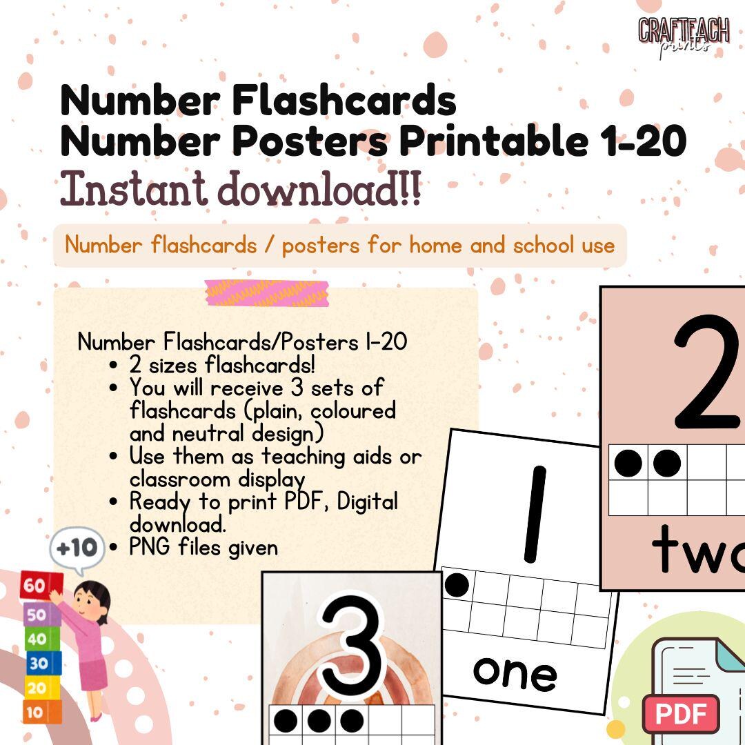 Printable Number Flashcards, Number Posters 1-20, Numbers Flashcards ...