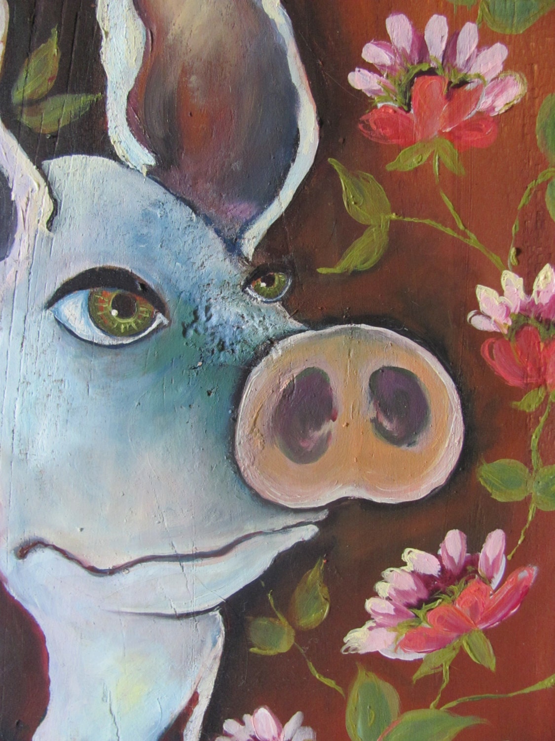 Large Folk Art pig With Clover Oil on Antique Wood | Etsy