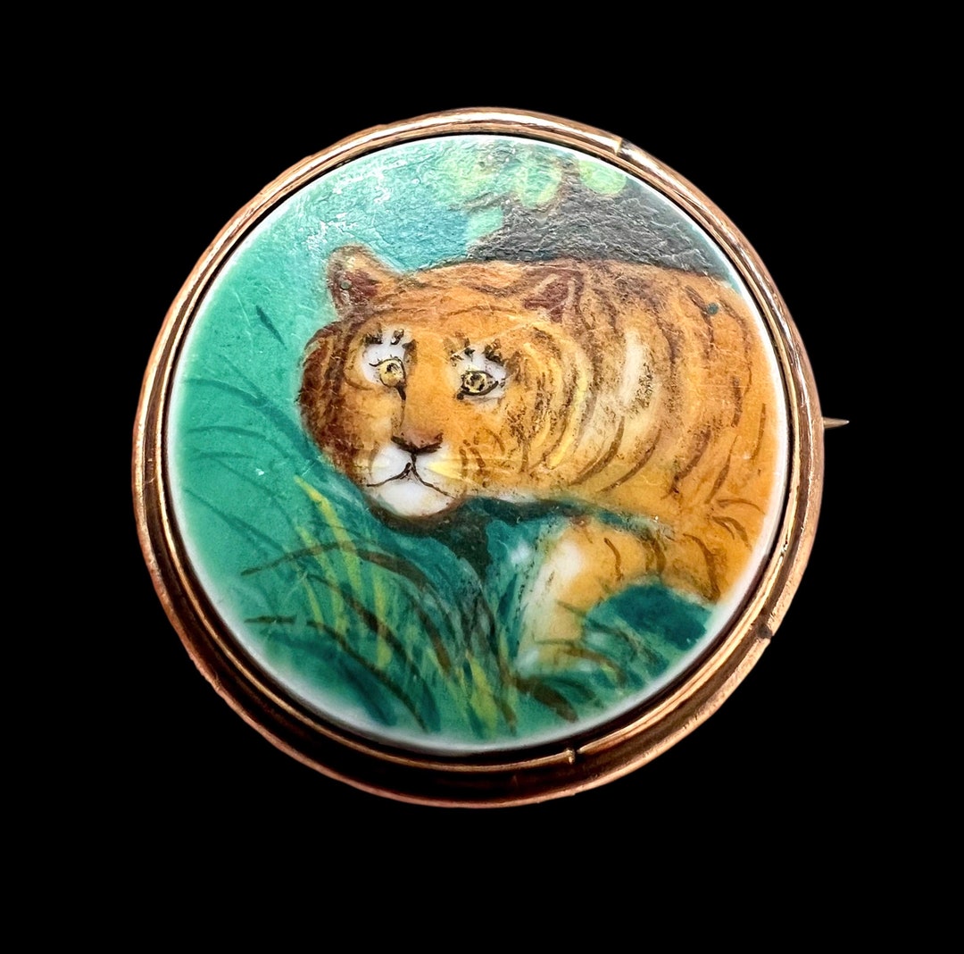 Antique Victorian Hand Painted Tiger Gold Filled Brooch Pin - Etsy