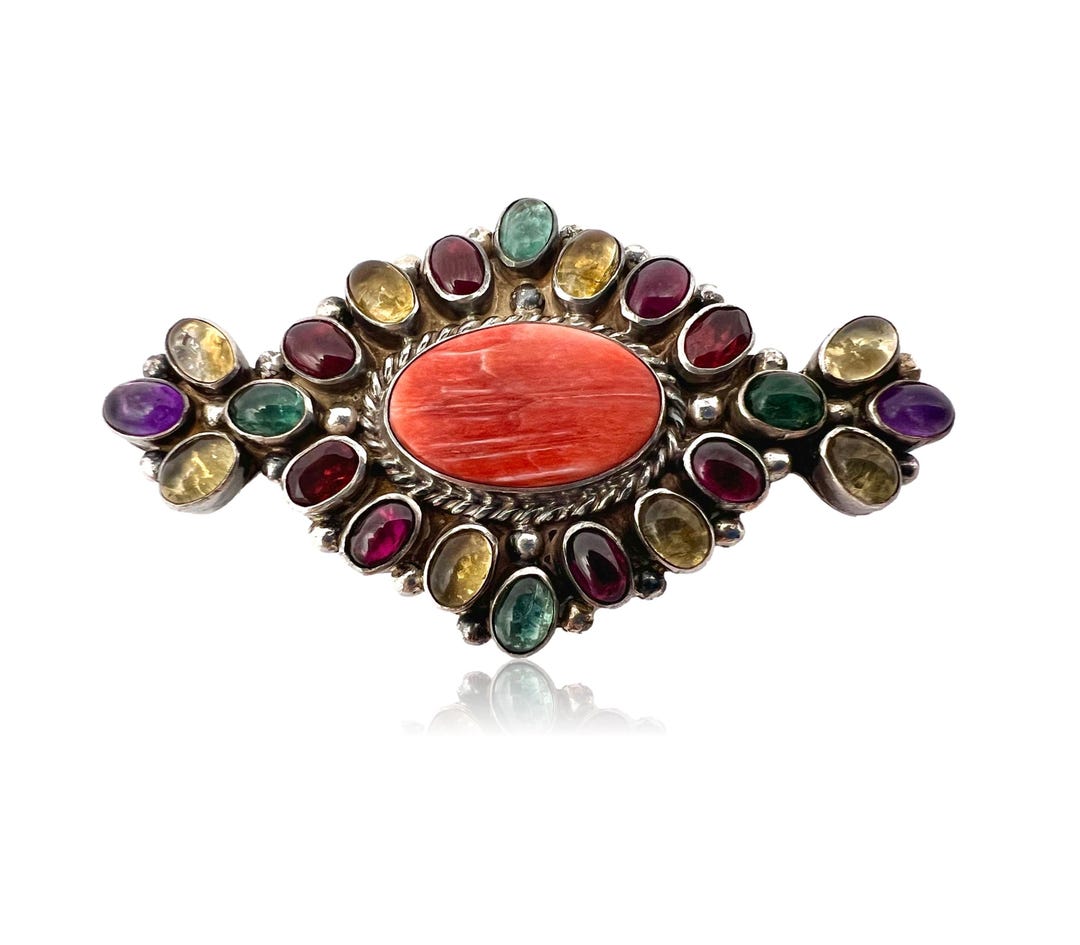 Vintage Artisan Sterling Silver Spiny Oyster Bezel Set Gemstone Brooch ...