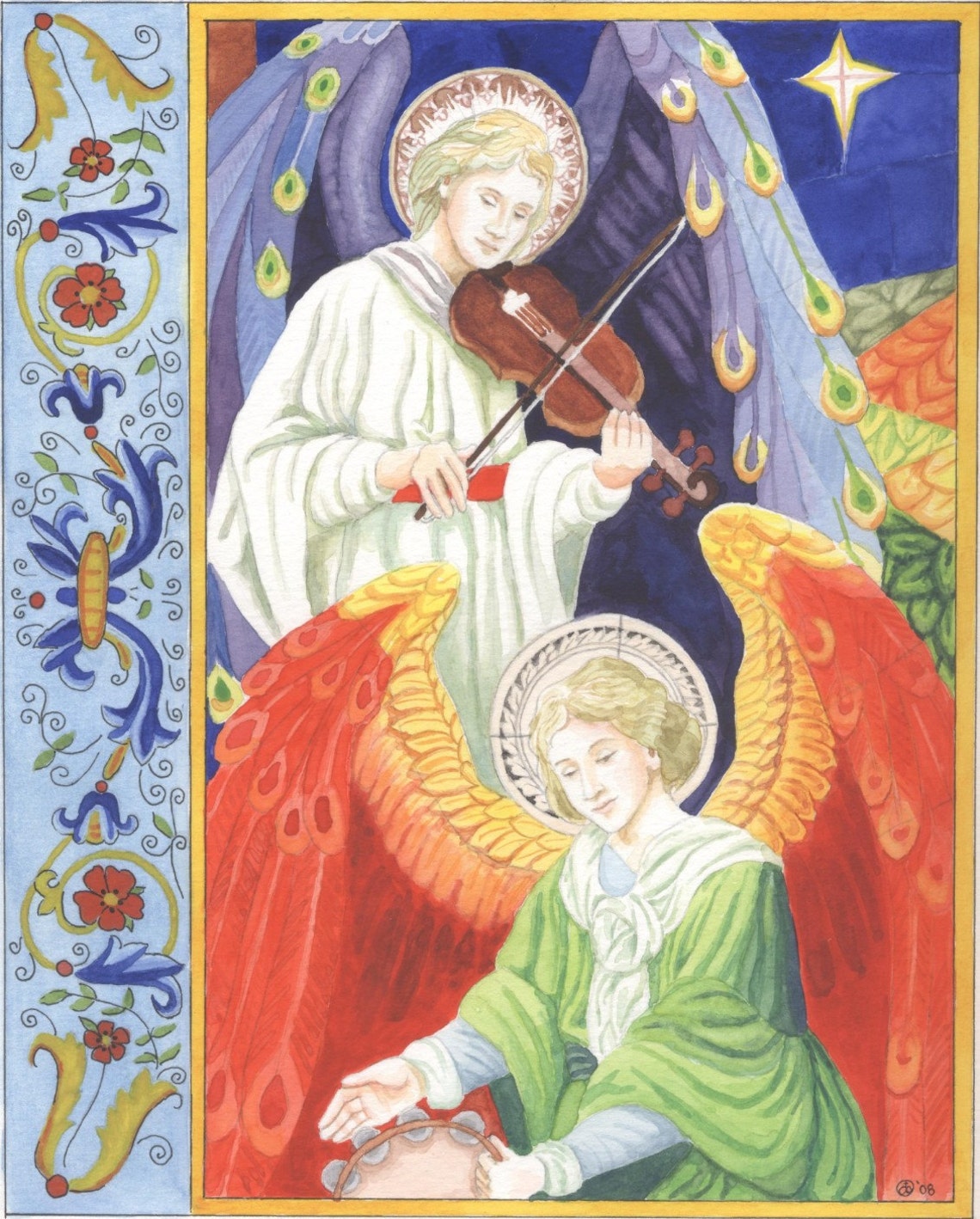 Angel Watercolor Painting, Musical Instruments, "heavenly Harmony ...