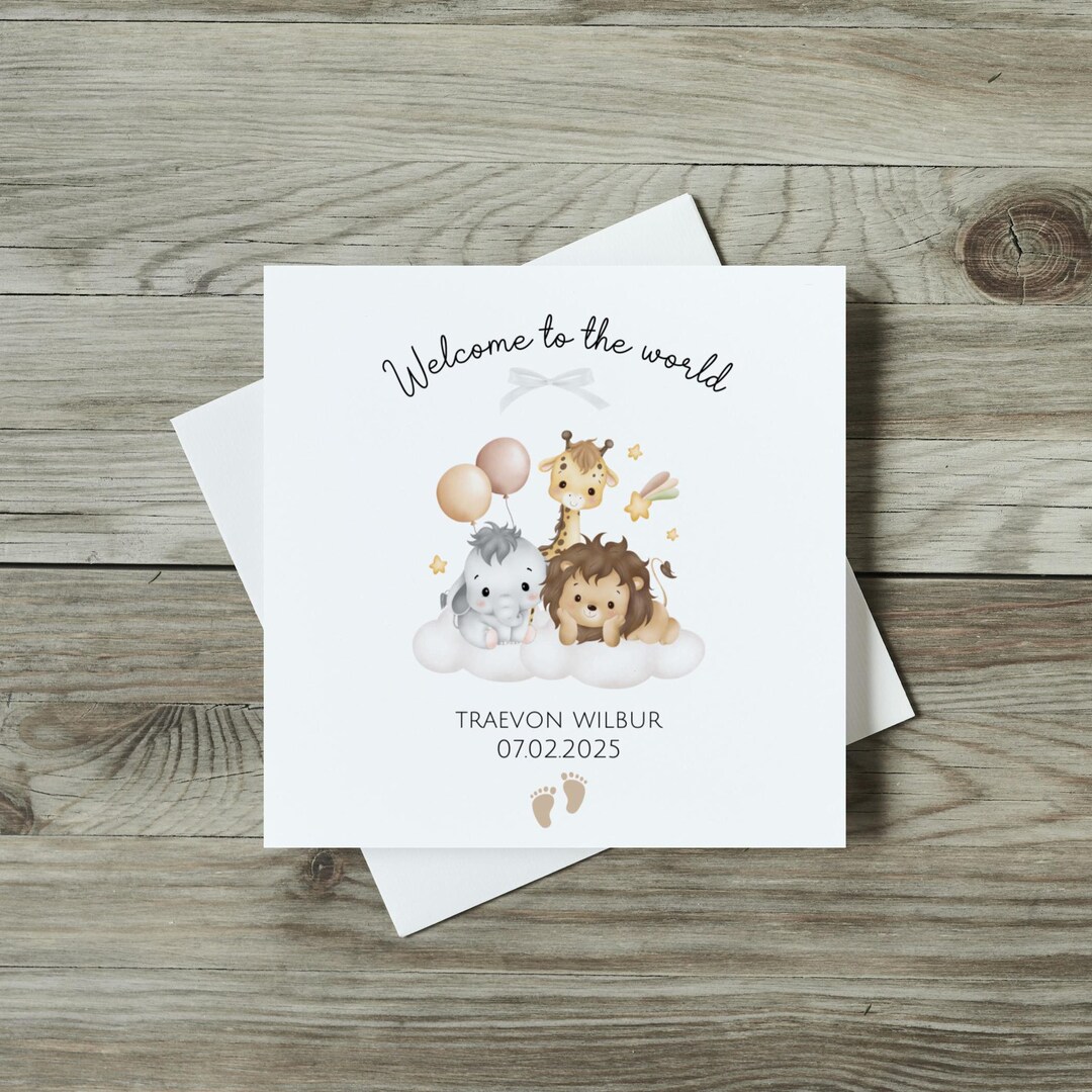 Personalised New Baby Safari Animals Card | Congratulations Birth Card ...
