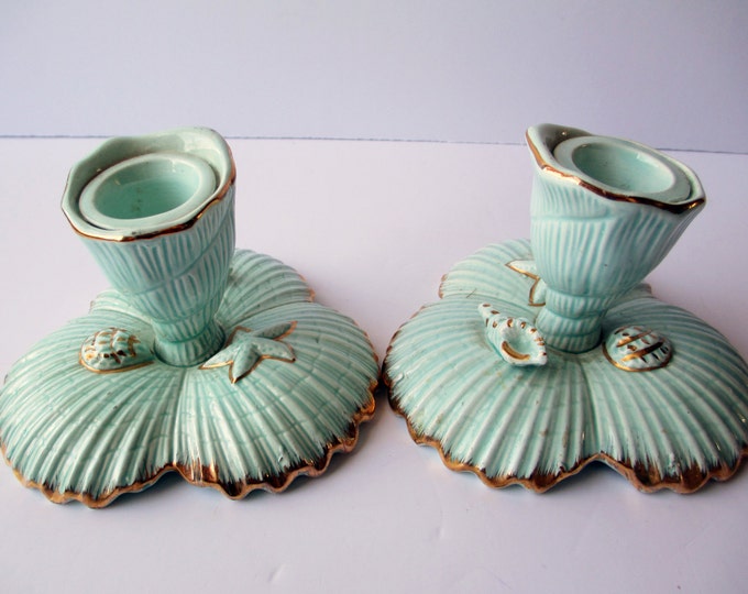 Vintage Napco Tropic Sea Aqua Seashell Ceramic Candleholders Pair Beach ...