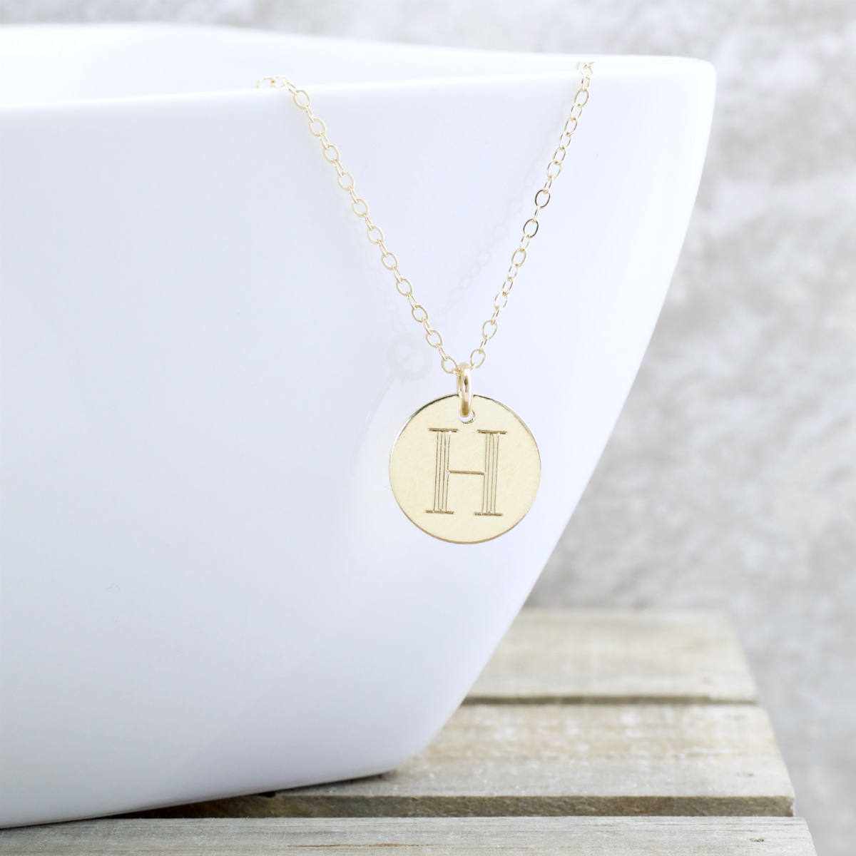 Initial Necklace Solid Gold Engraved Initial Necklace | Etsy