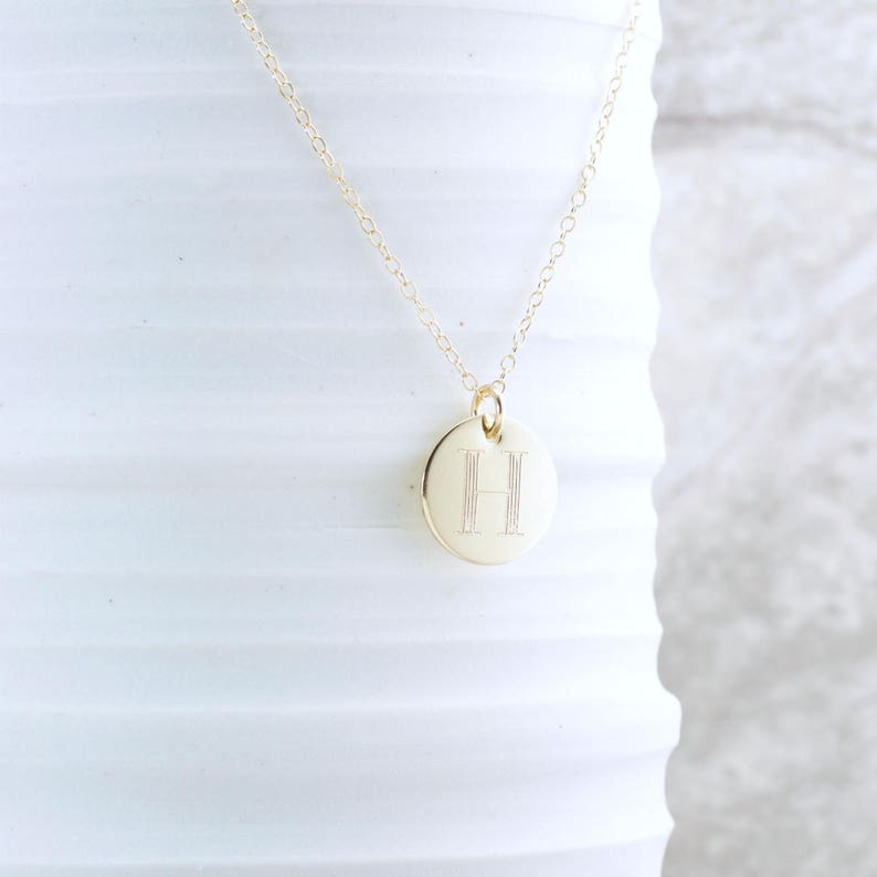 Initial Necklace Solid Gold Engraved Initial Necklace - Etsy