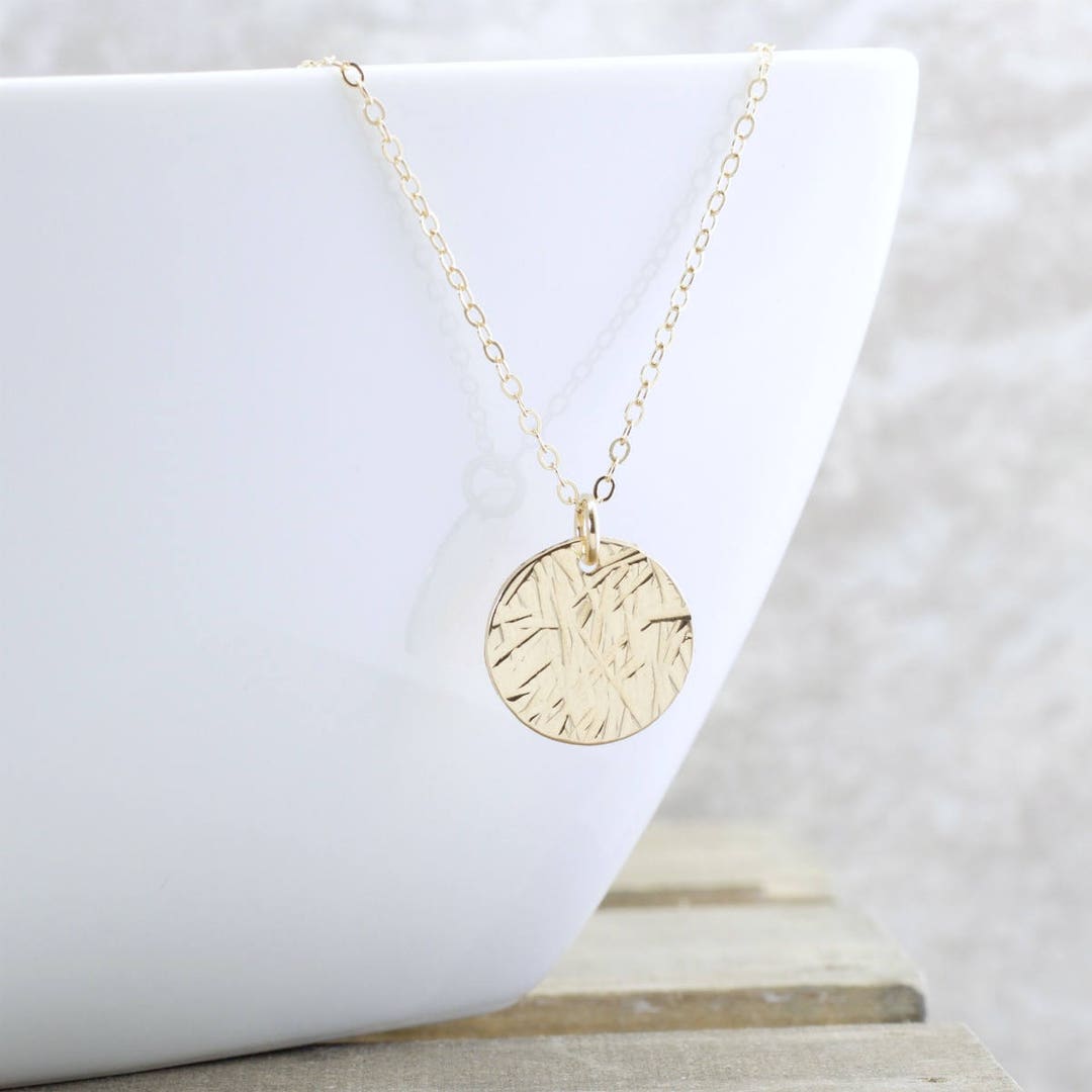 Gold Disc Necklace - Textured Circle Necklace - Hammered Gold Disk ...
