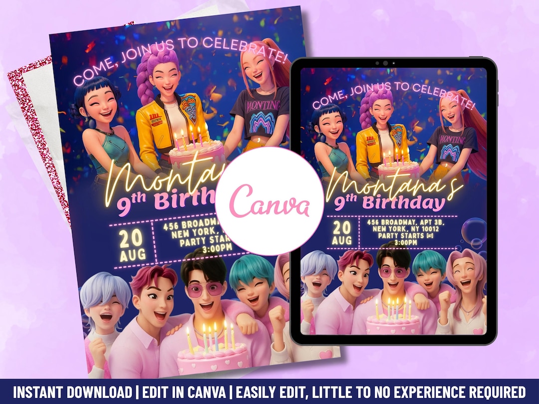 Kpop Demon Hunter Birthday Invitation, Editable Canva Template, Kpop ...