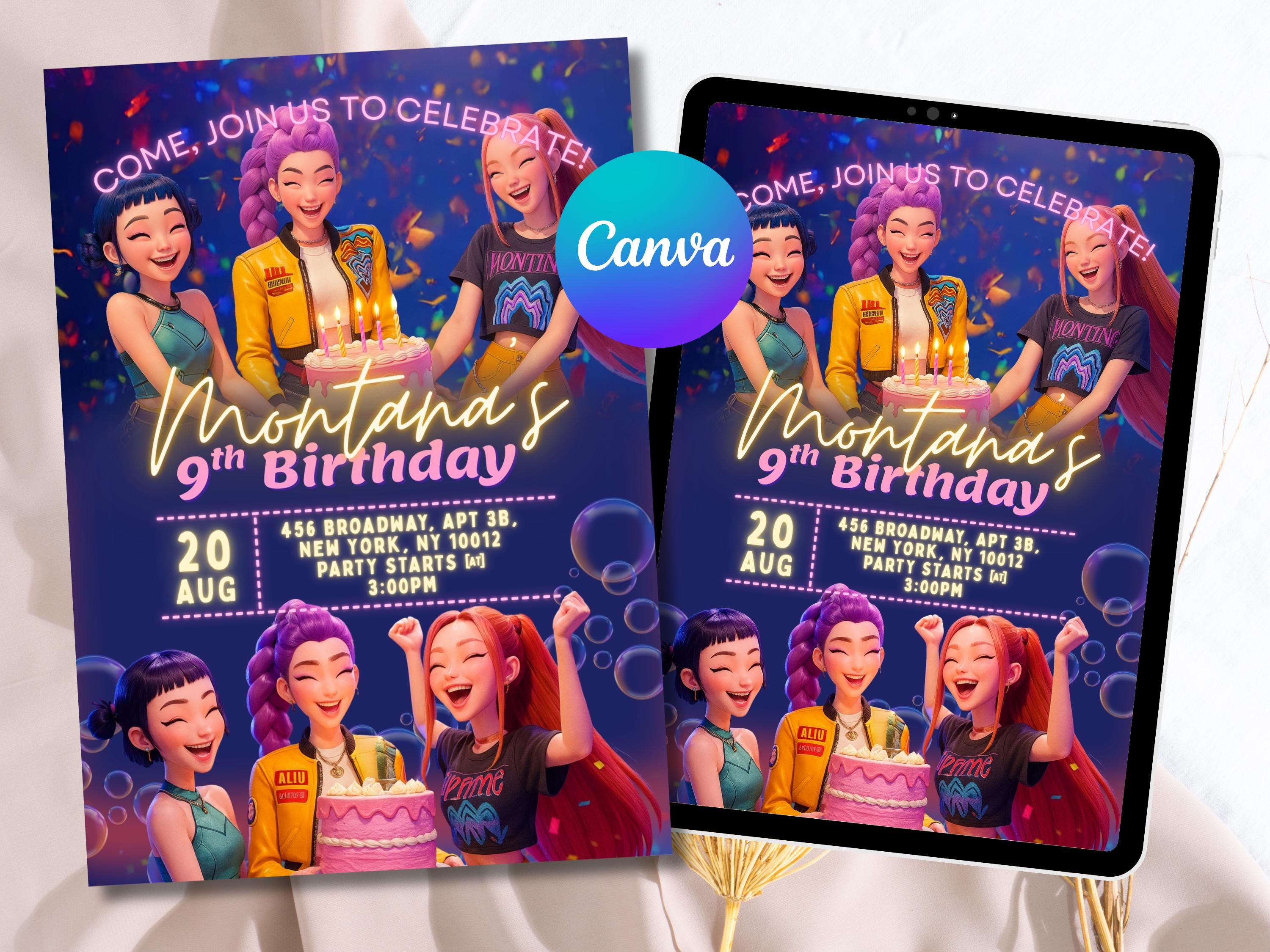 Kpop Demon Hunter Birthday Invitation, Editable Canva Template, Kpop ...