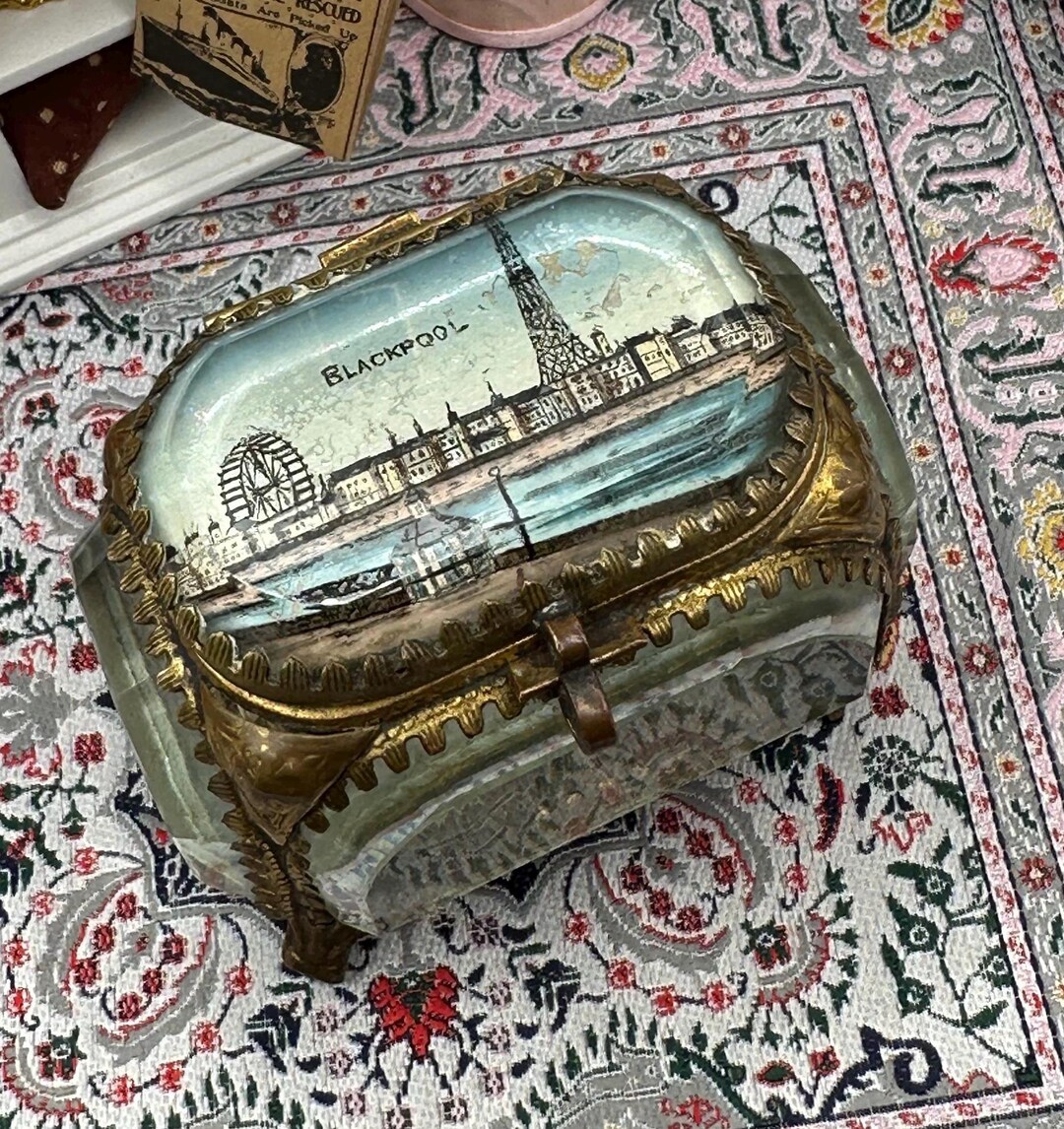 Antique Blackpool Ormolu Glass Jewellery Casket With Painted Tower Lid ...