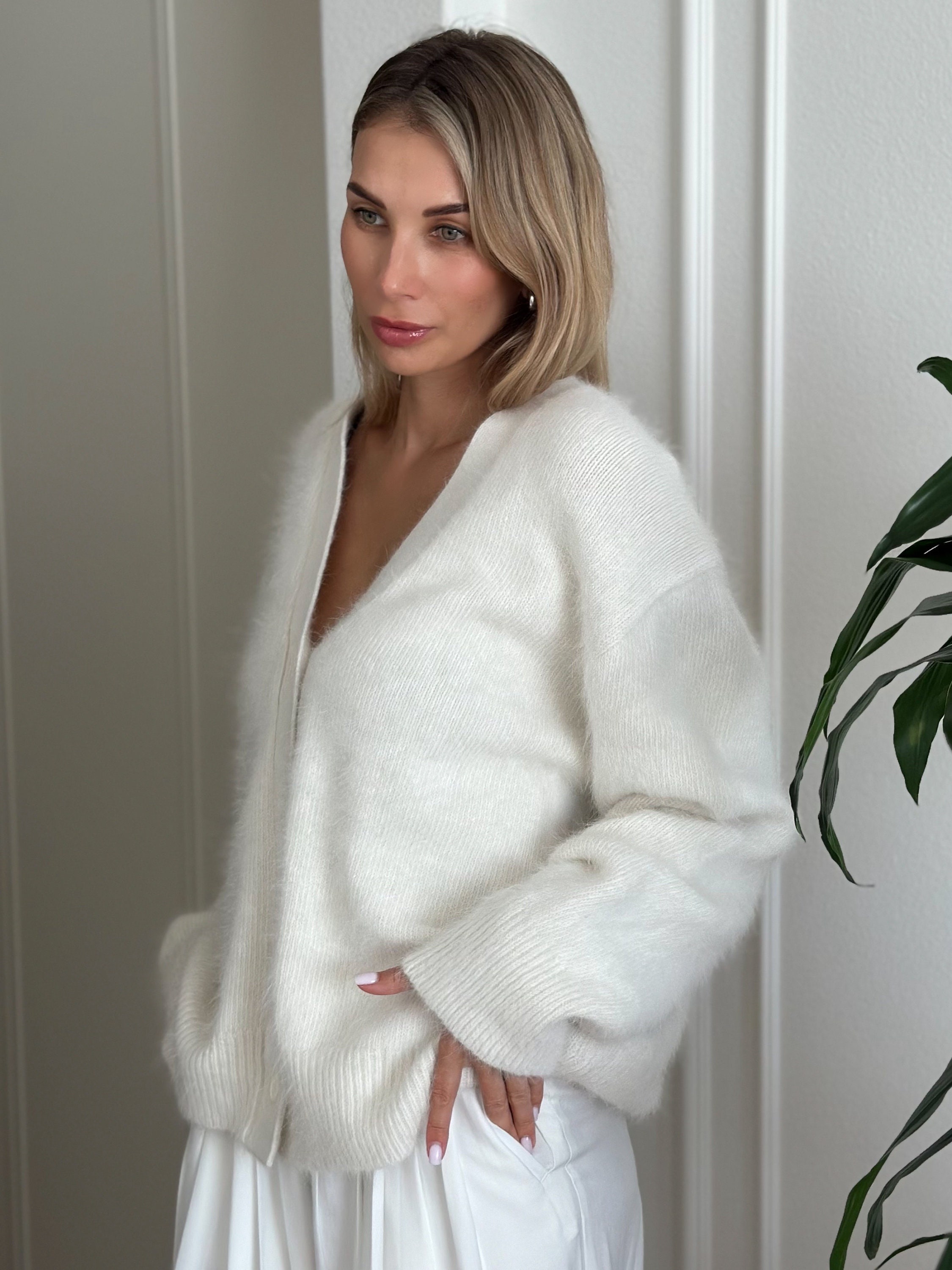 White Fluffy Cardigan. Angora Cardigan. White Angora Cardigan. Fluffy ...