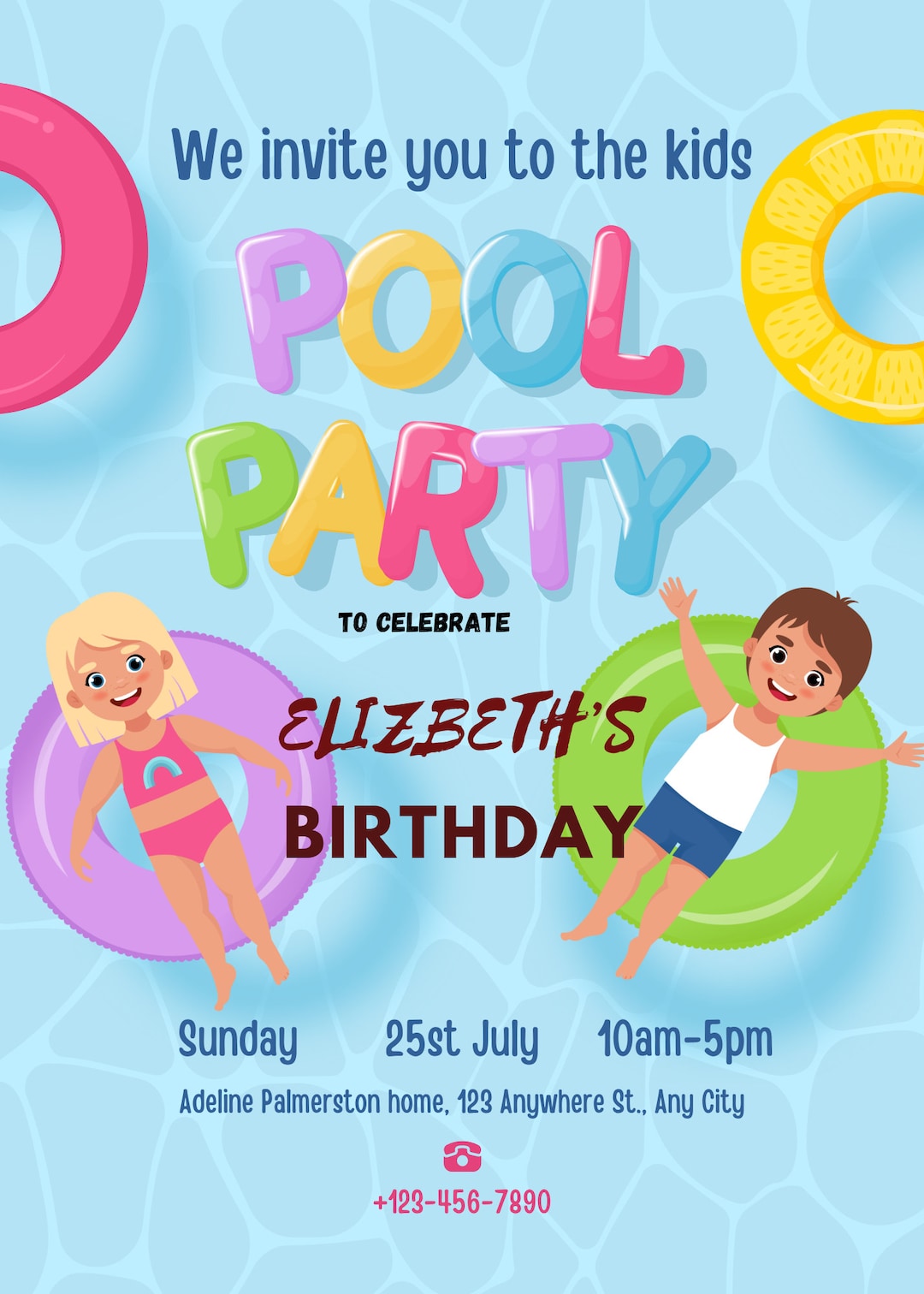 Editable Pool Party Invitation, Girl Pool Birthday Party, Pastel Invite ...