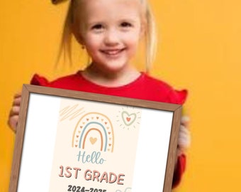 Boho Rainbow Hello First Grade Sign, First Day of First Grade Girl Sign ...