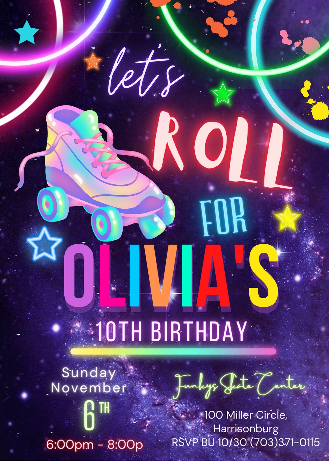 Roller Disco Party Birthday Invitation Editable Template | Rainbow Glow ...