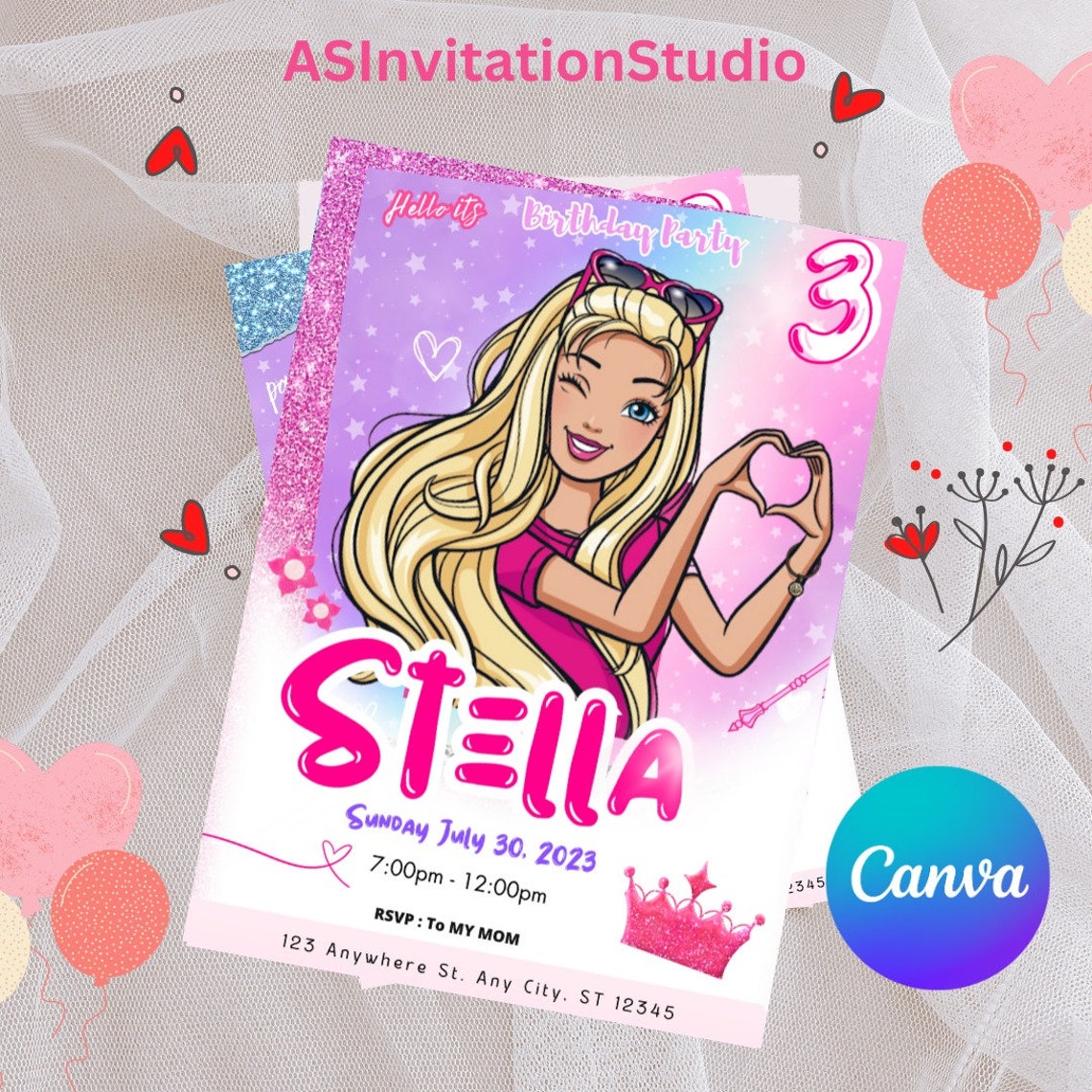 Editable Fashion Doll Party Invitation, Barbie Girl Party Invite, Girls ...