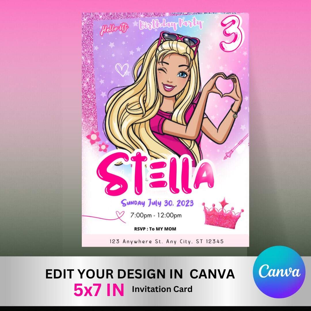 Editable Fashion Doll Party Invitation, Barbie Girl Party Invite, Girls ...