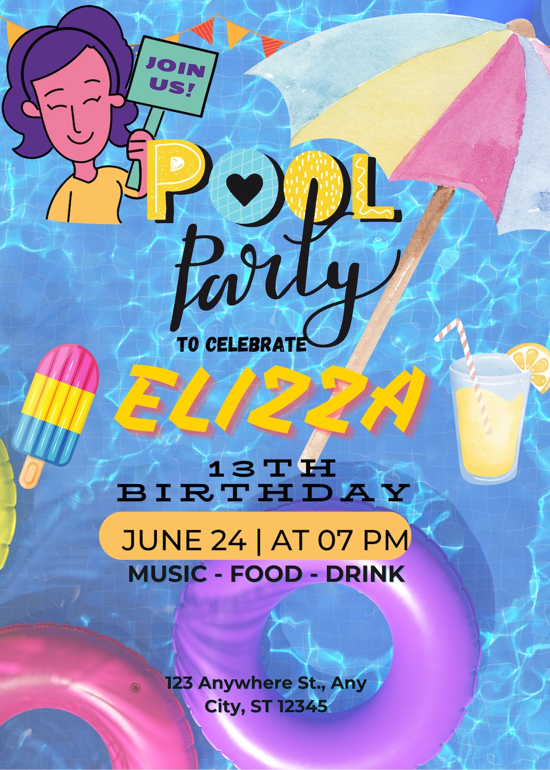 Editable Pool Party Invitation, Girl Pool Birthday Party, Pastel Invite ...