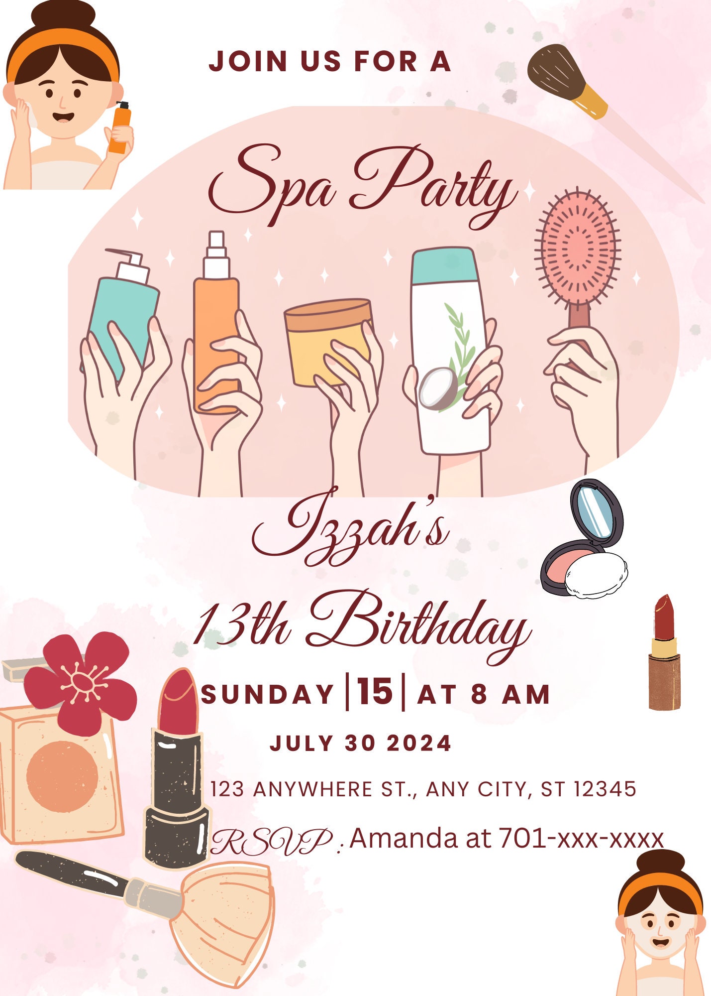 Spa Party Birthday Invitation Template Printable, Spa Party Birthday ...