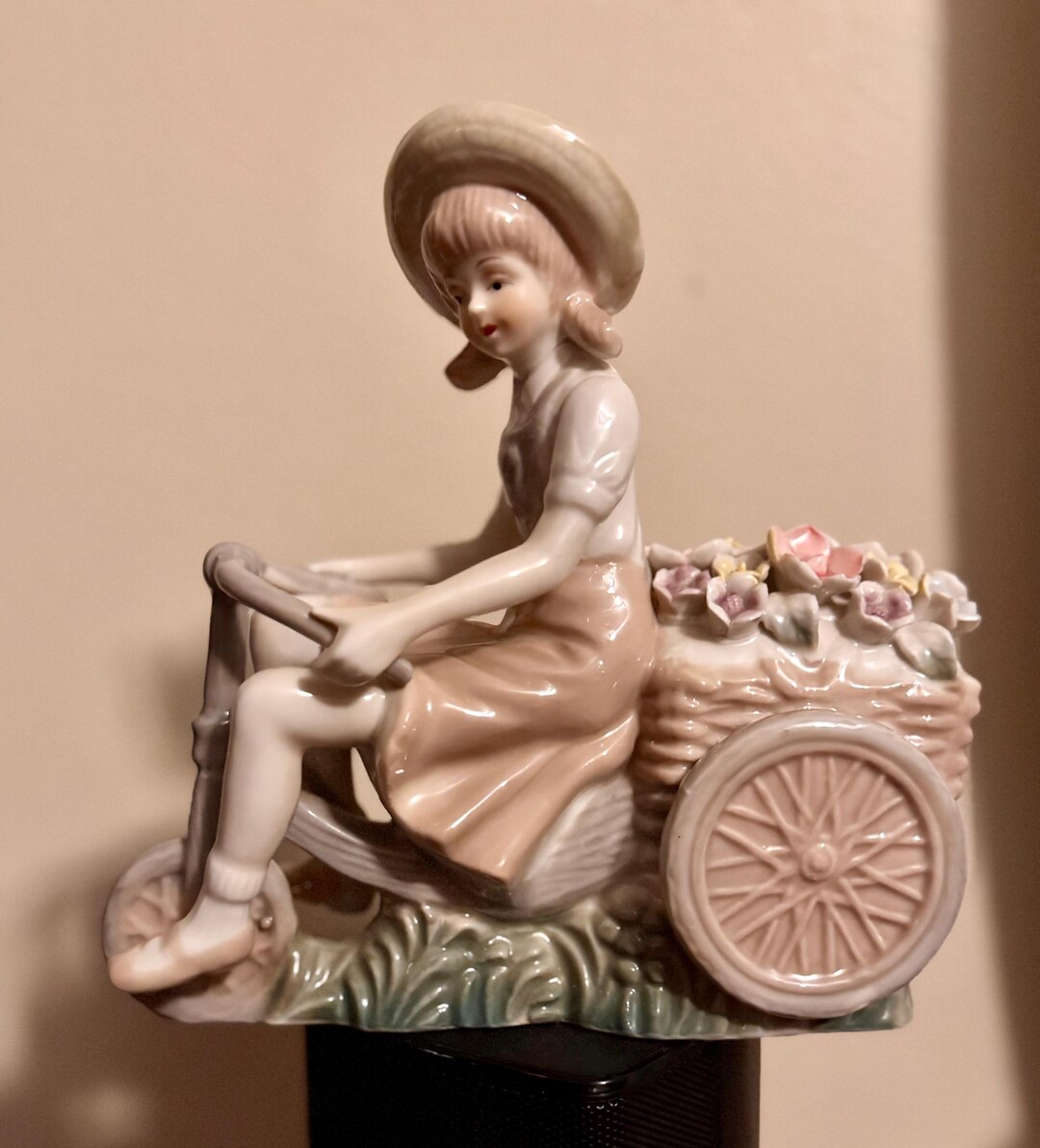 Vintage Porcelain Sophia Ann, Girl Riding Bike With Flower Cart Wagon - Etsy