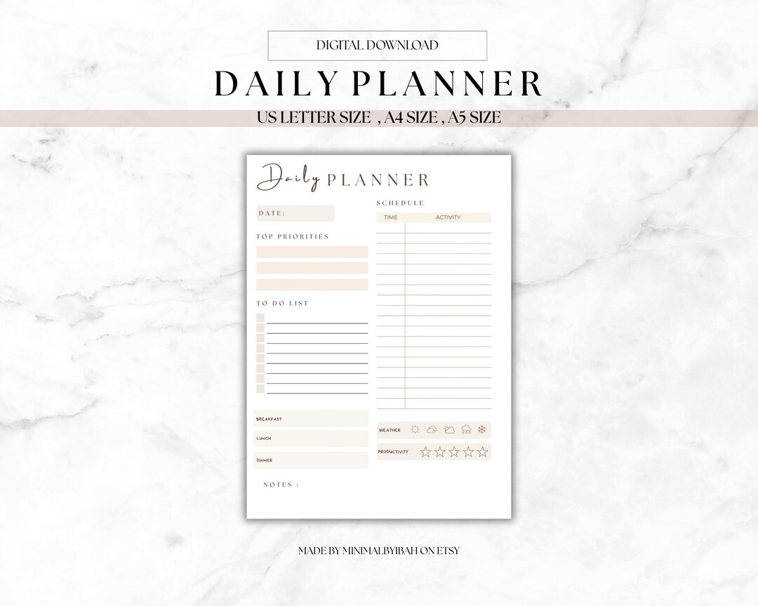 Daily Planner L Daily Schedule I A4, A5, US Letter Sizes L Printable ...