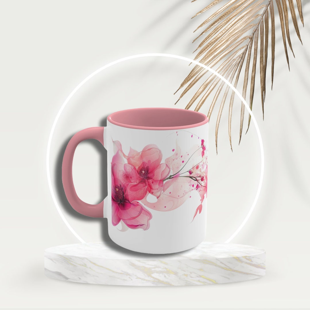 Pink Floral Accent Mug, Beautiful Flower Design Coffee Cup 11 Oz ...