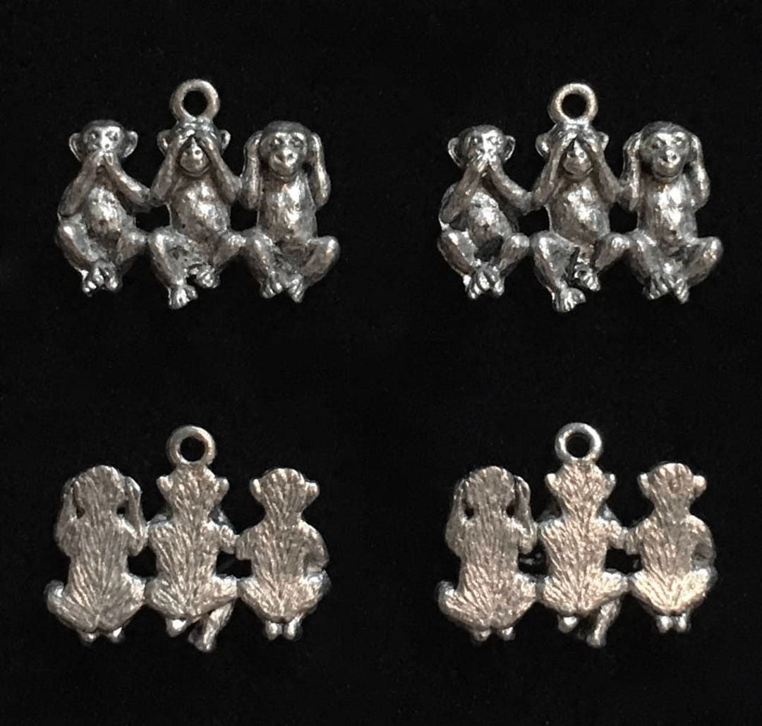 4 Silver Pewter Monkey Charms, Trio of Monkey Charms, Hear No Evil ...
