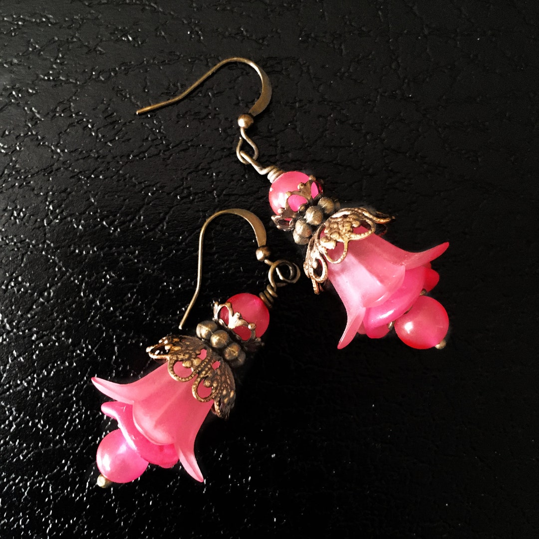 Hot Pink Trumpet Flowers, Czech Glass Flowers, Glass Beads & Brass ...