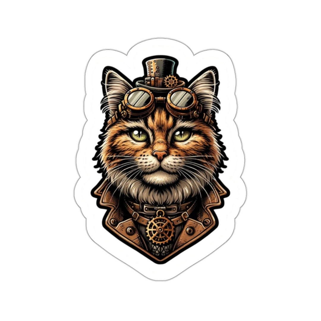 Steampunk Cat Vinyl Sticker, Industrial Design, Tabby Cat Sticker ...