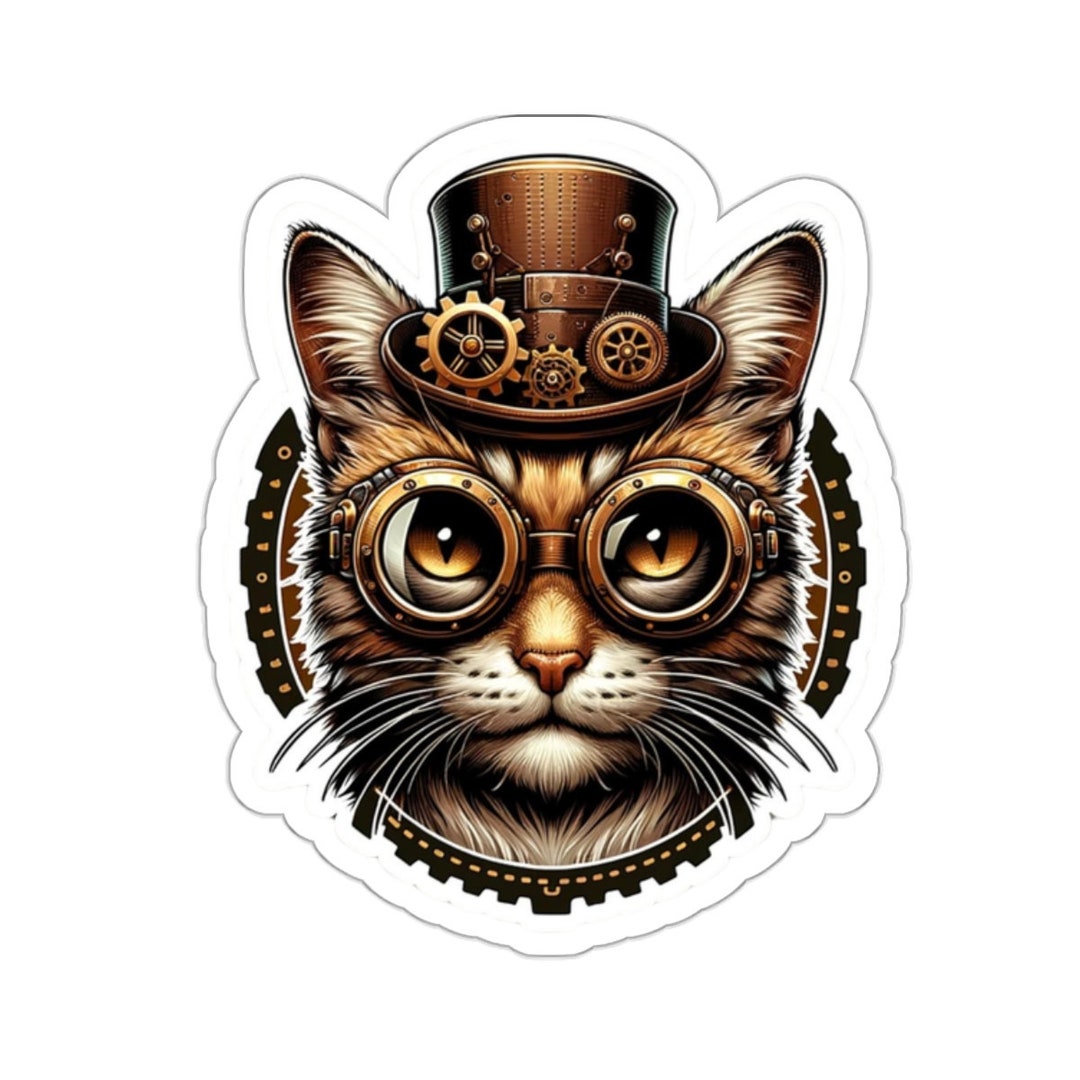 Steampunk Cat Vinyl Sticker, Industrial Design, Tabby Cat Sticker ...
