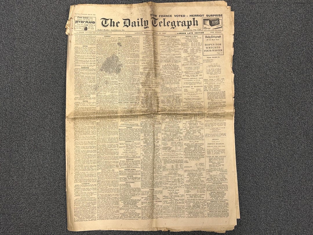 Original the Daily Telegraph Newspaper, Monday 27th April 1936, Genuine ...