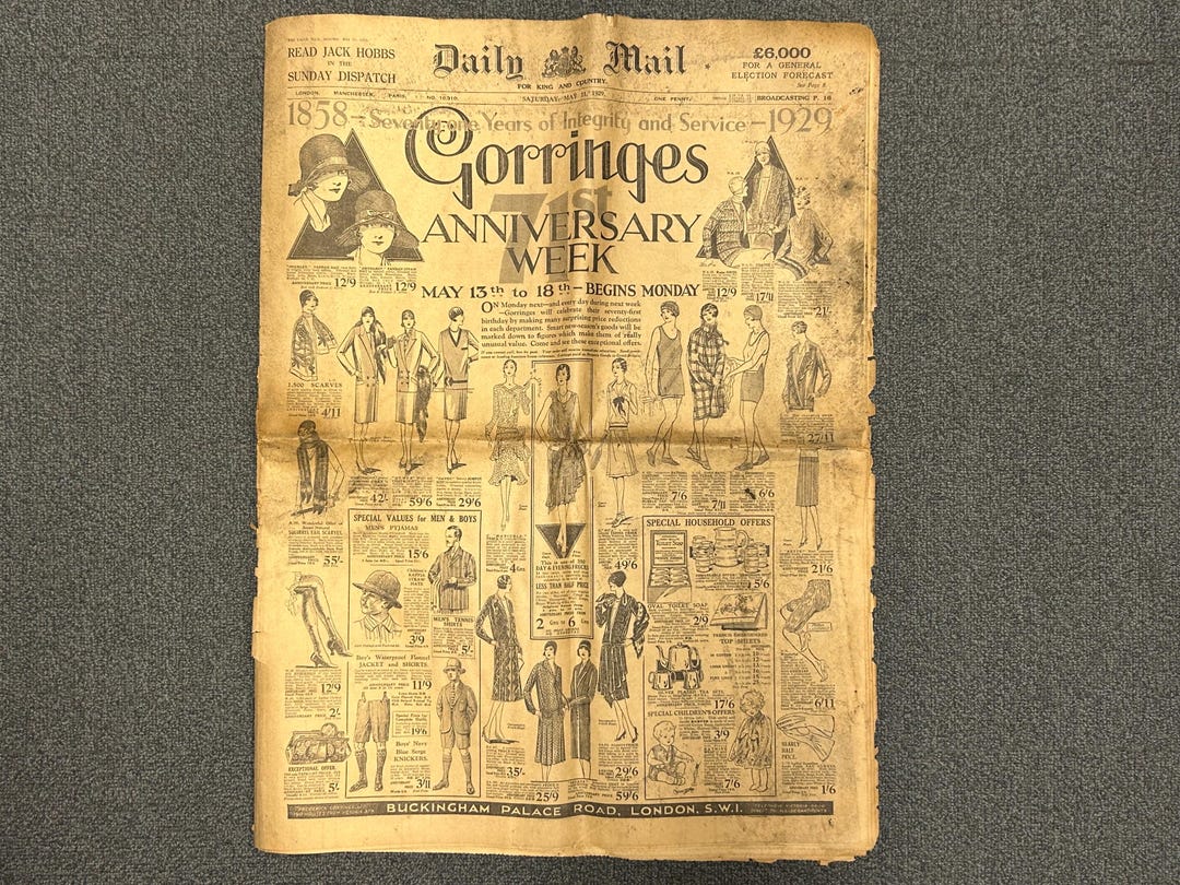 Original the Daily Mail Newspaper, Saturday 11th May 1929, Genuine ...