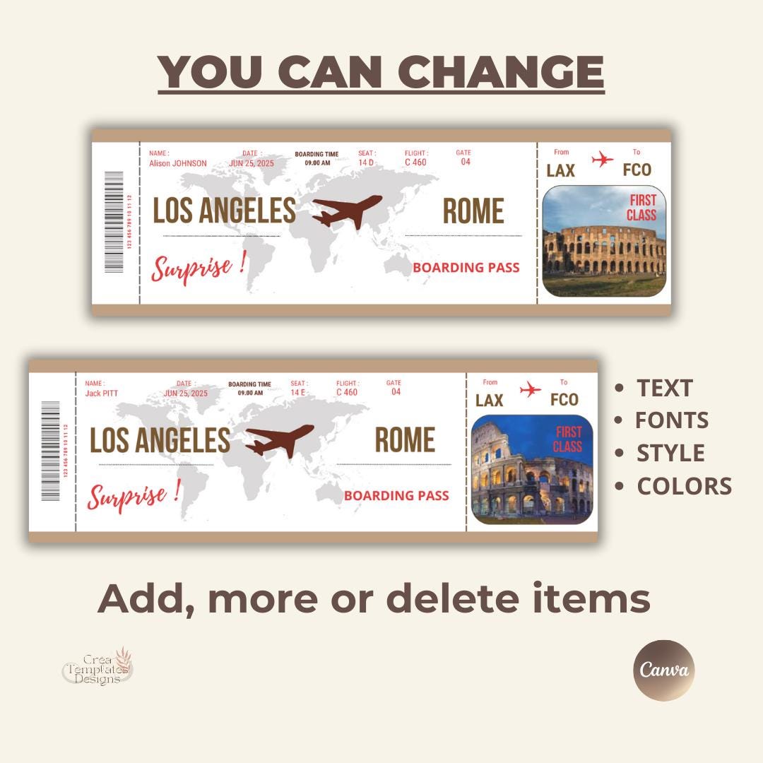 Customizable Travel Voucher Template for Rome, Editable and Printable ...