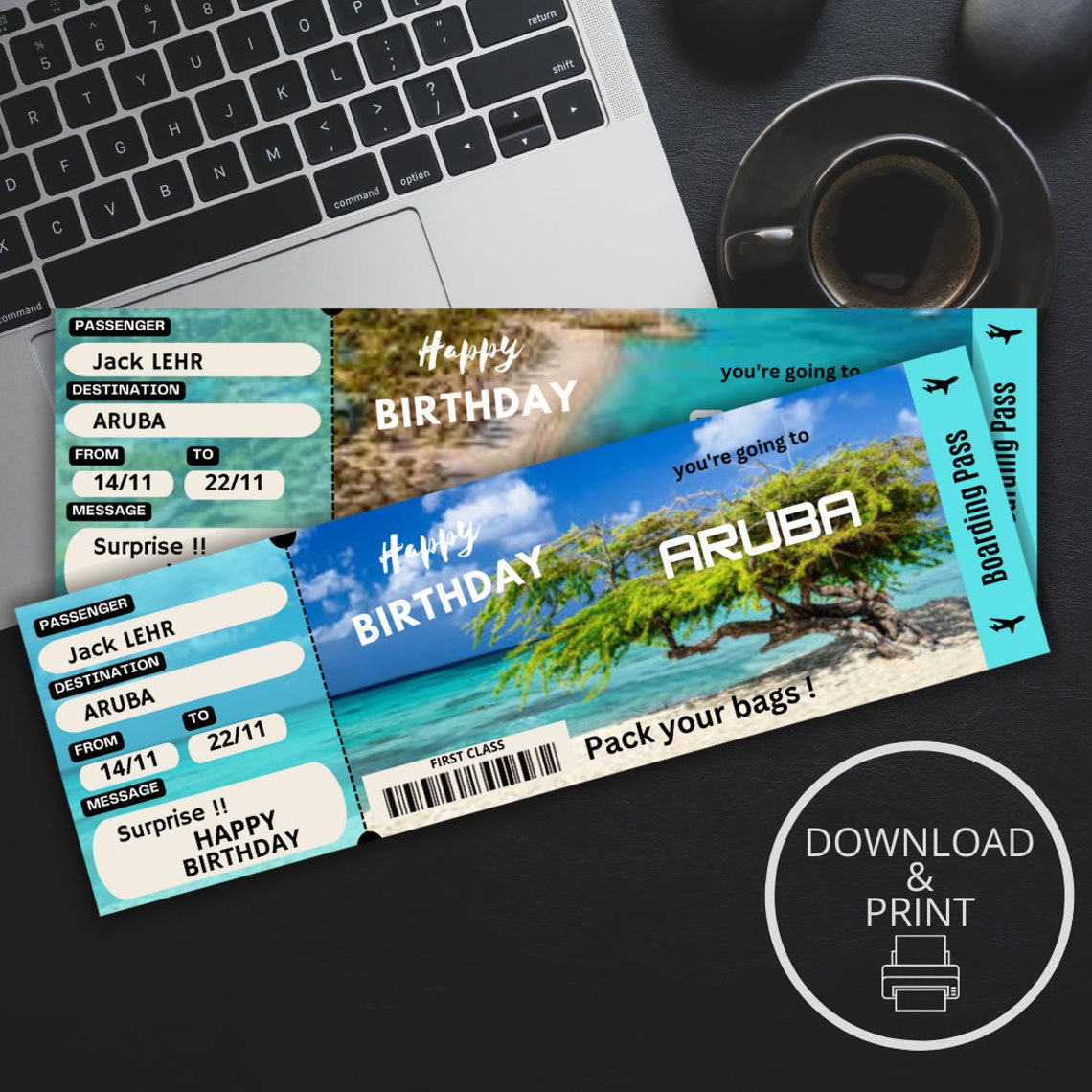 ARUBA Printable Birthday Airplane Ticket, Surprise Travel Ticket ...