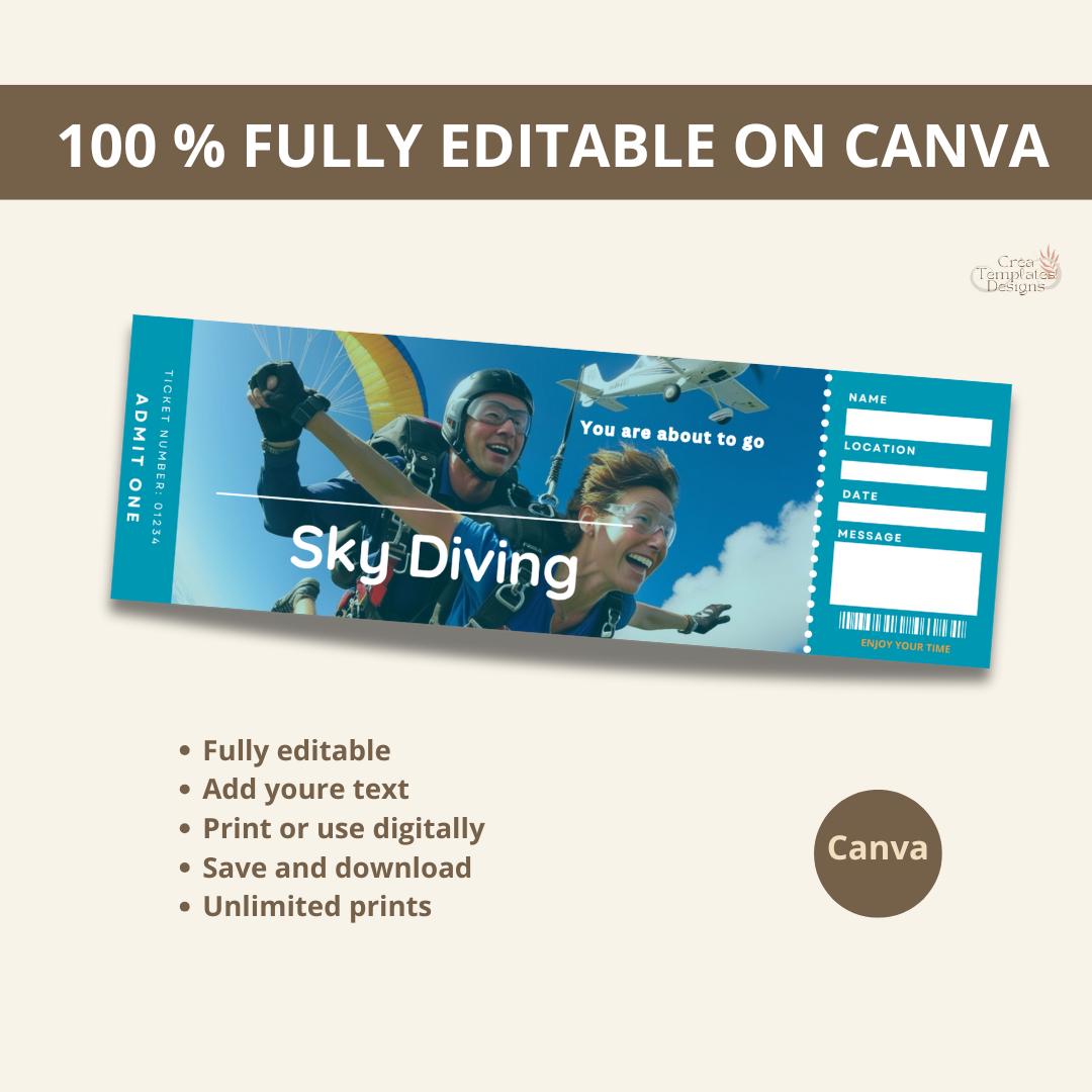 Editable Skydiving Surprise Ticket, Customizable Event Ticket Template ...