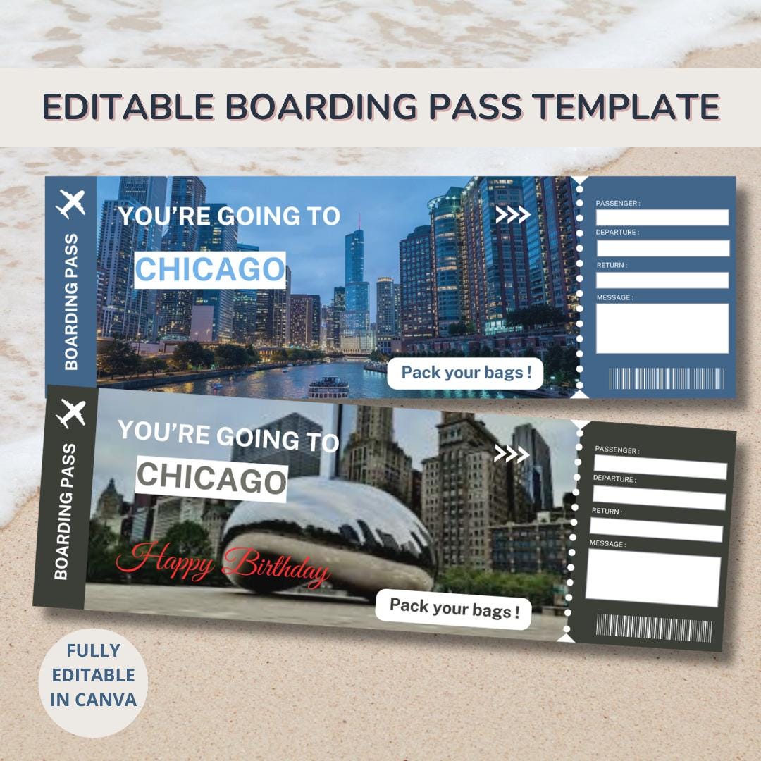 Editable Boarding Pass Template, Surprise Plane Ticket to Chicago ...